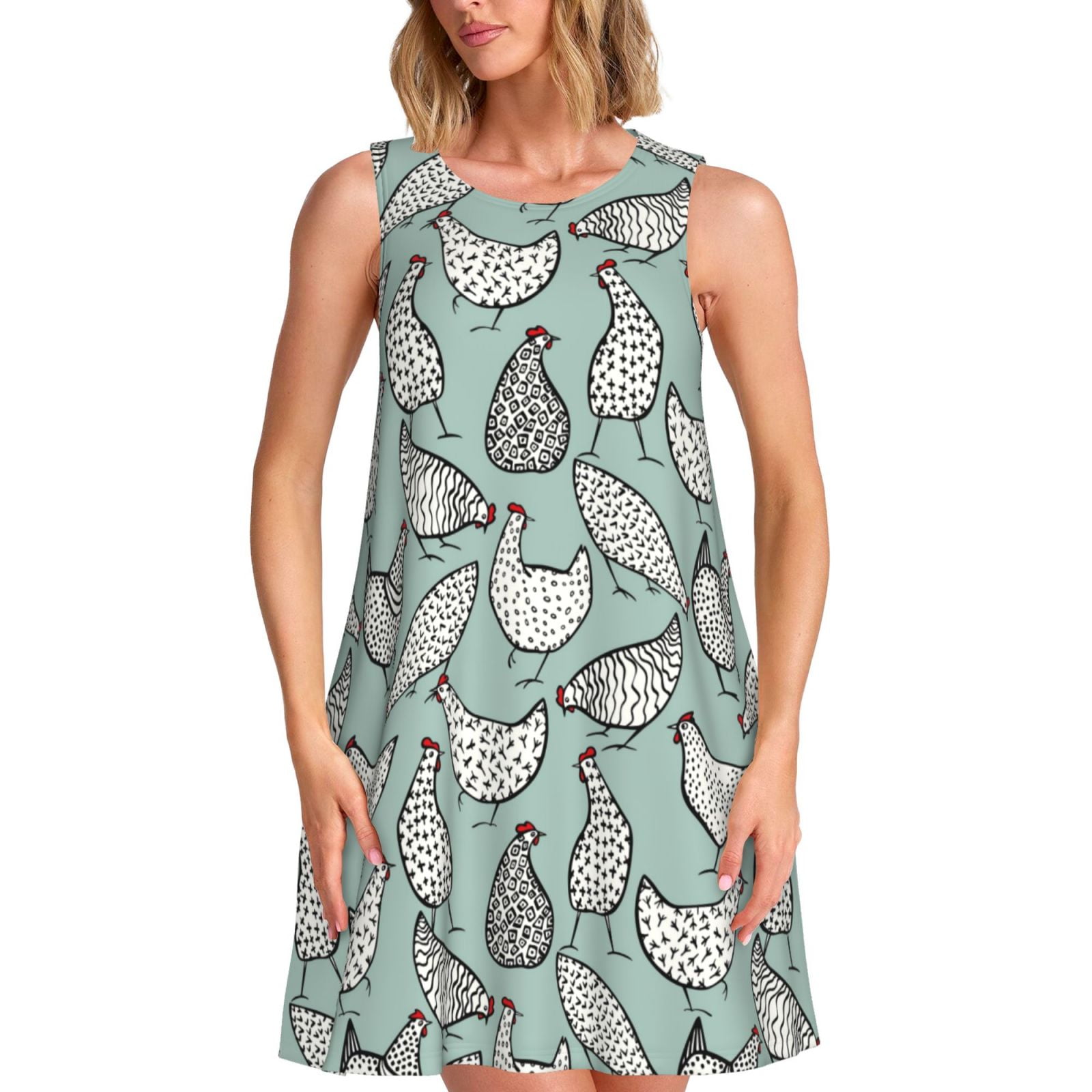 Bixox Hand Drawn Chickens Print Women's Sleeveless A-Line Dress with ...