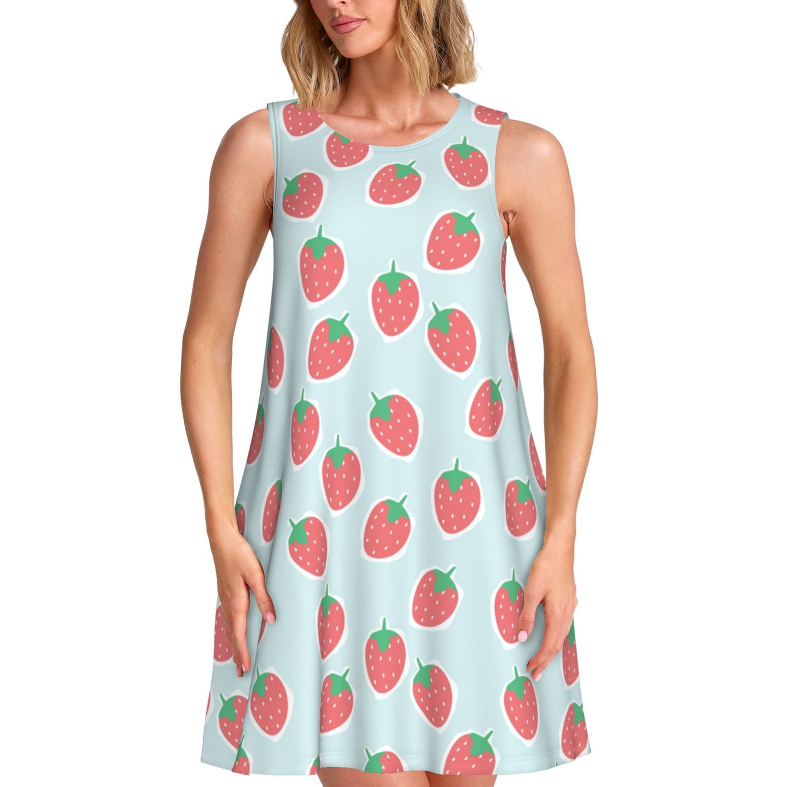 Bixox Hand Drawn Strawberry Print Women's Sleeveless A-Line Dress with ...