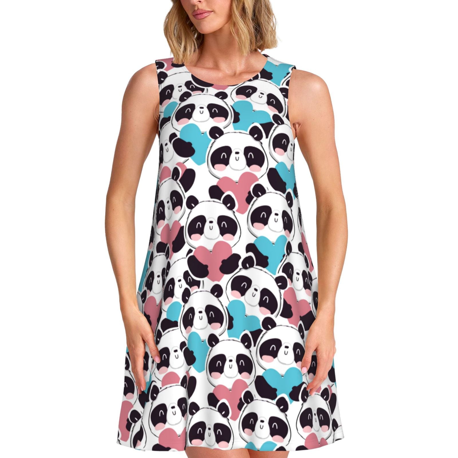 Bixox Heart Panda Print Women's Sleeveless A-Line Dress with Pockets ...