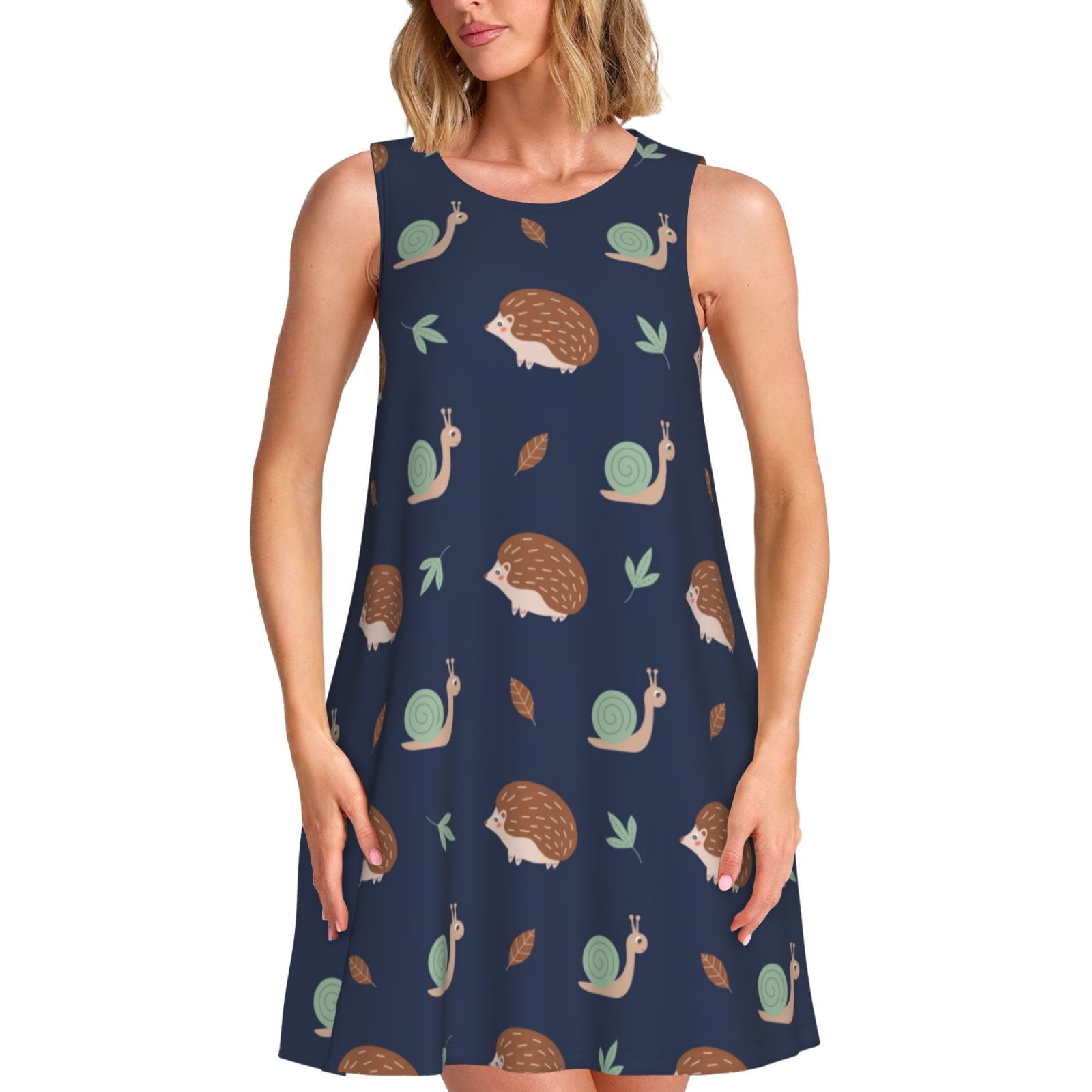 Bixox Hedgehog And Snail Print Women's Sleeveless A-Line Dress with ...