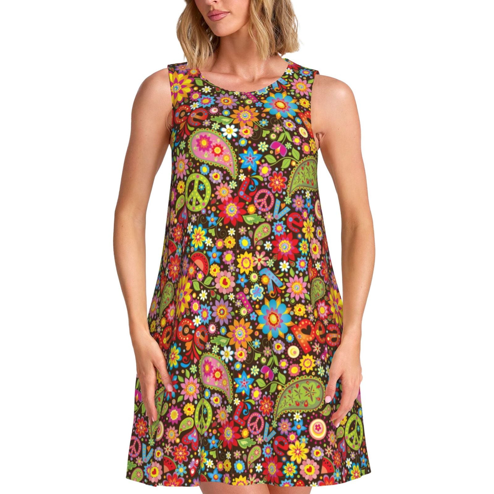 Bixox Hippie Peace Love Print Women's Sleeveless A-Line Dress with ...