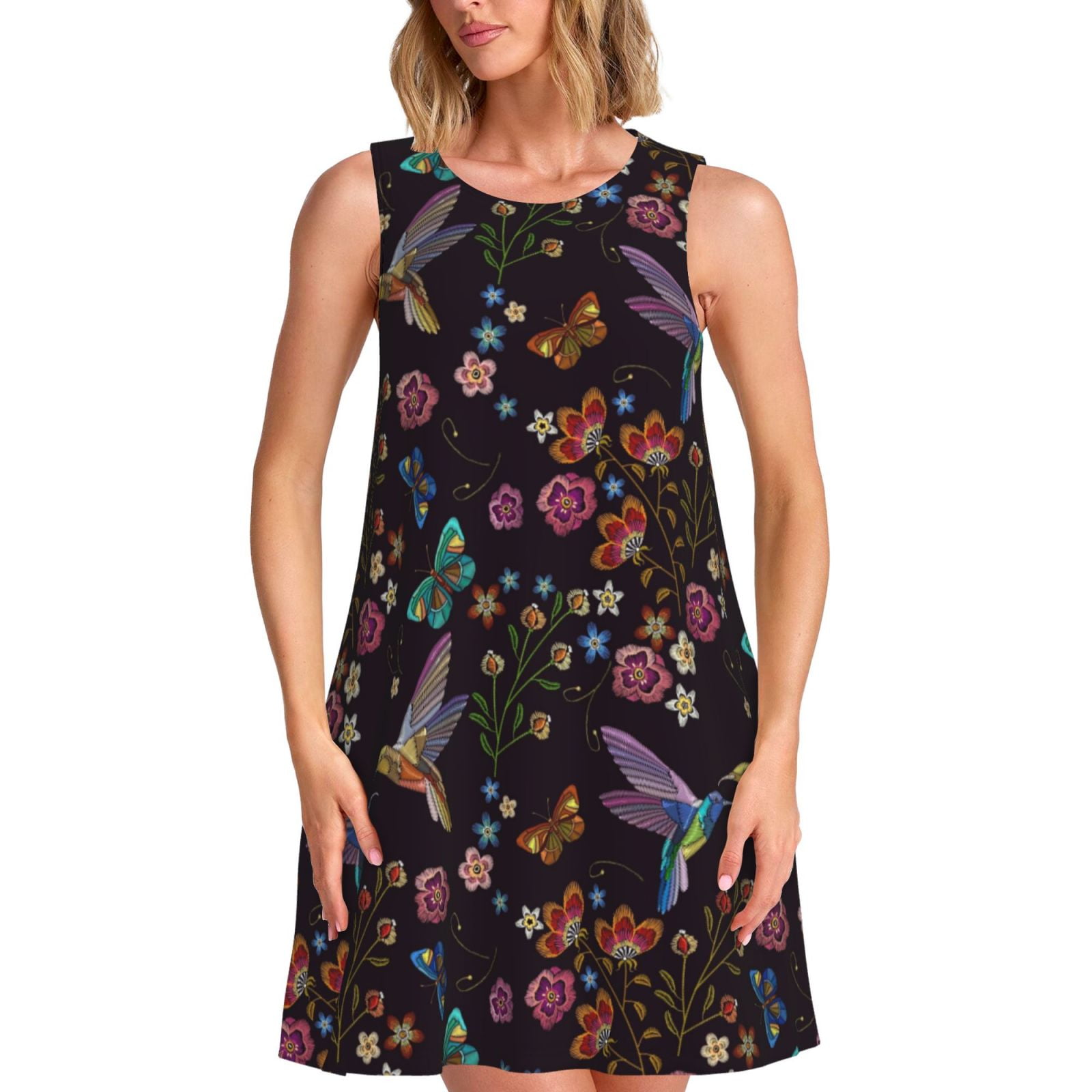 Bixox Humming Bird And Tropical Flowers Print Women's Sleeveless A-Line ...