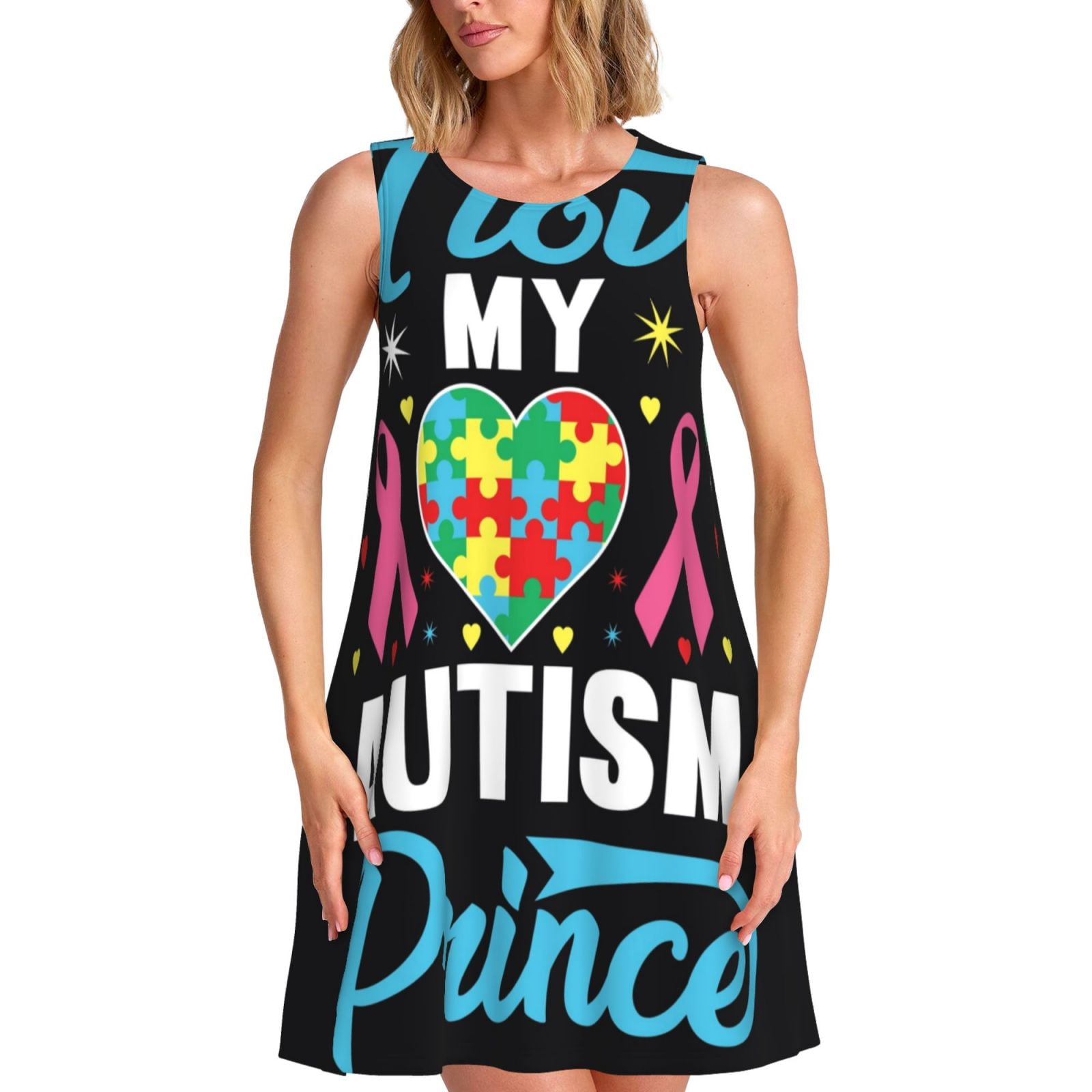 Bixox I Love My Autism Print Women's Sleeveless A-Line Dress with ...