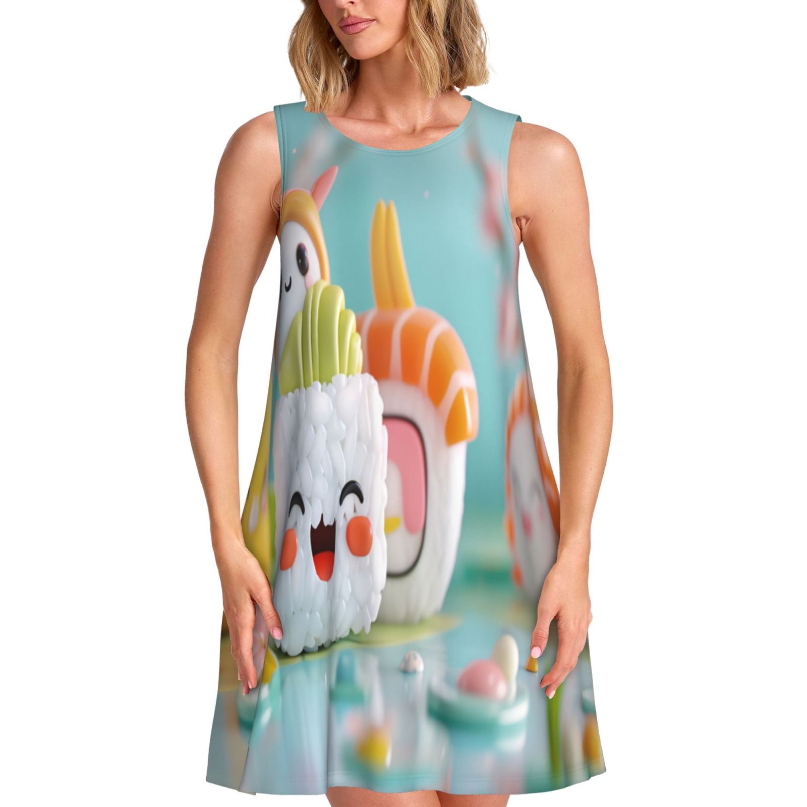 Bixox Kawaii Sushi Characters Delight Print Women's Sleeveless A-Line ...