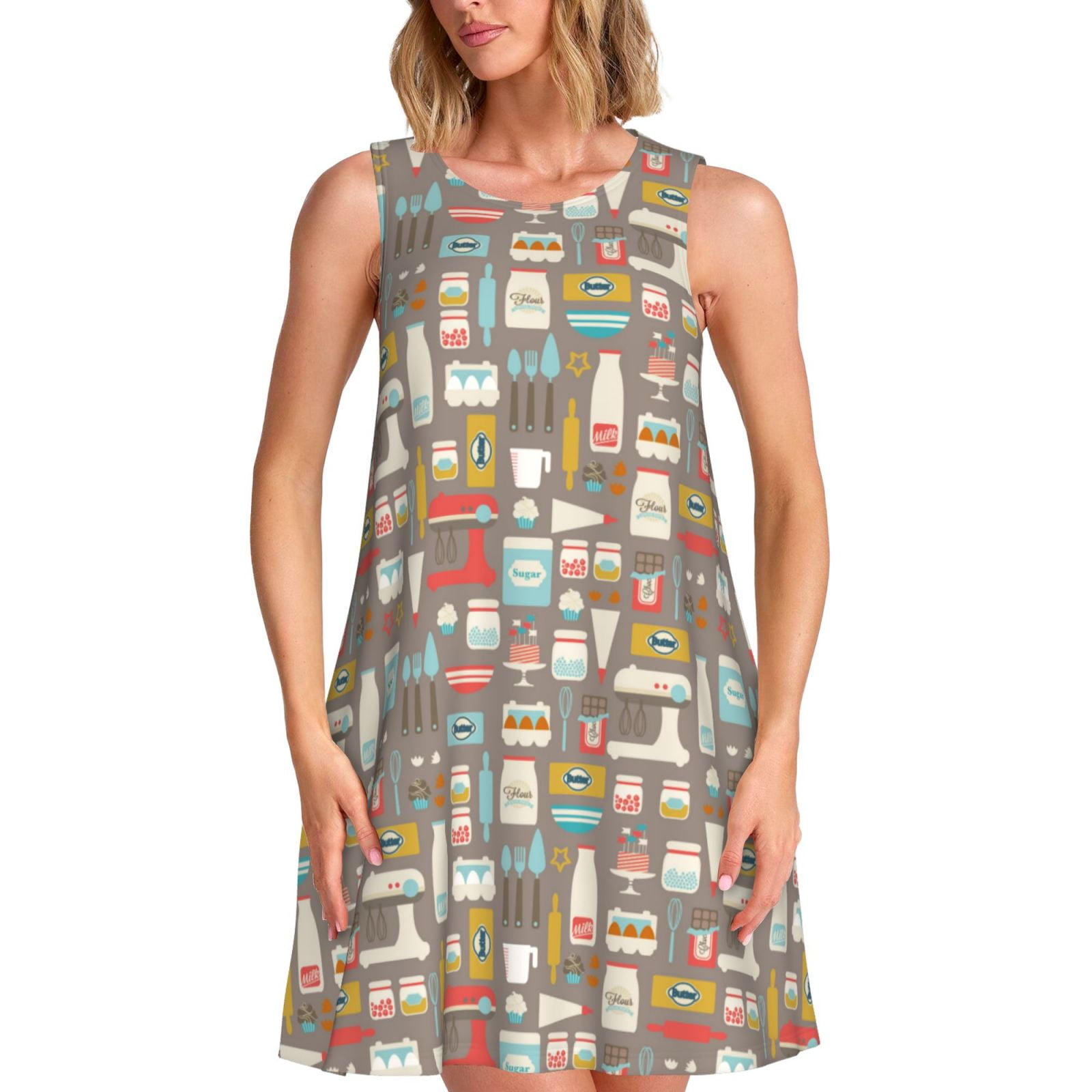 Bixox Kitchen Food Print Women's Sleeveless A-Line Dress with Pockets ...
