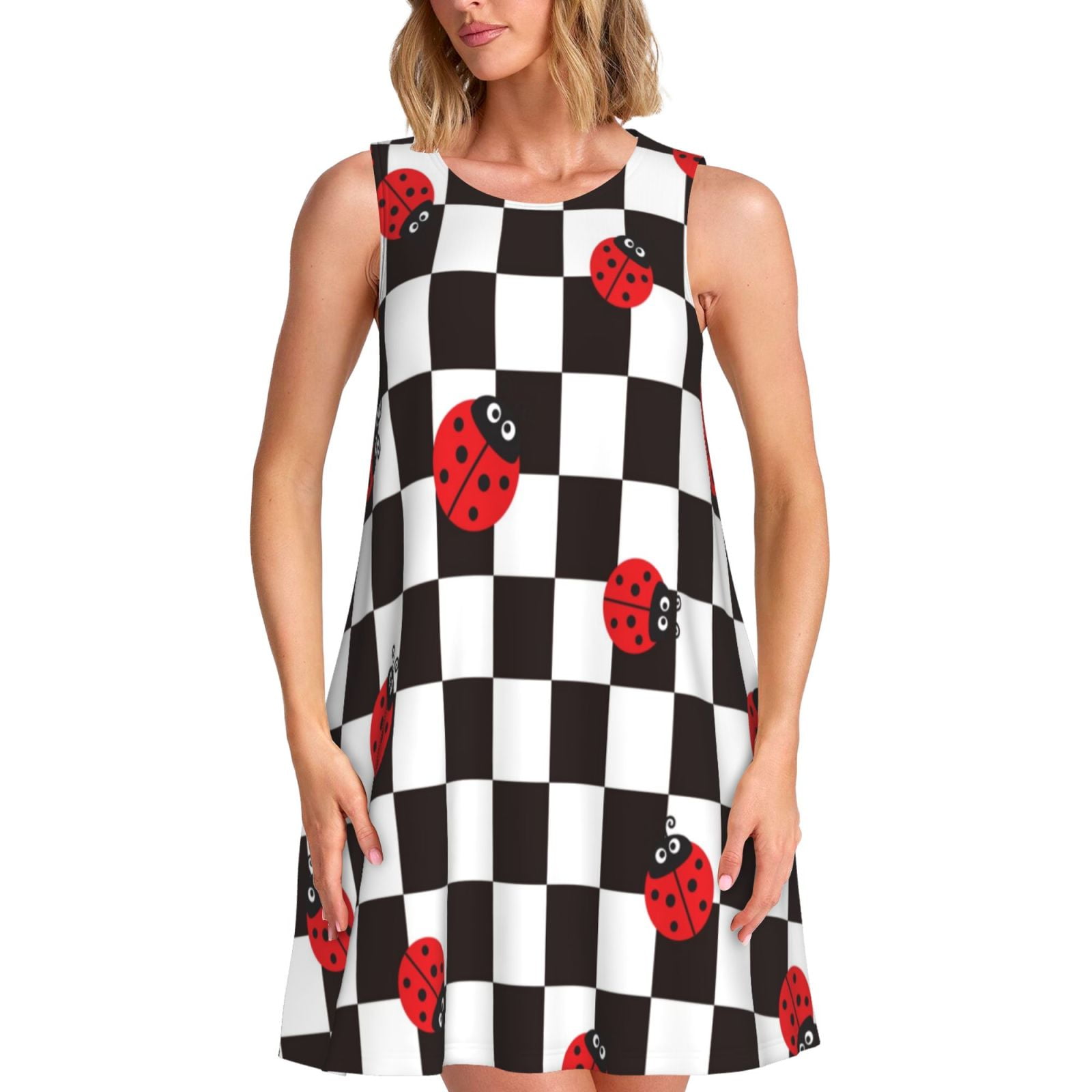 Bixox Ladybugs Of Black And White Checkers Print Women's Sleeveless A ...
