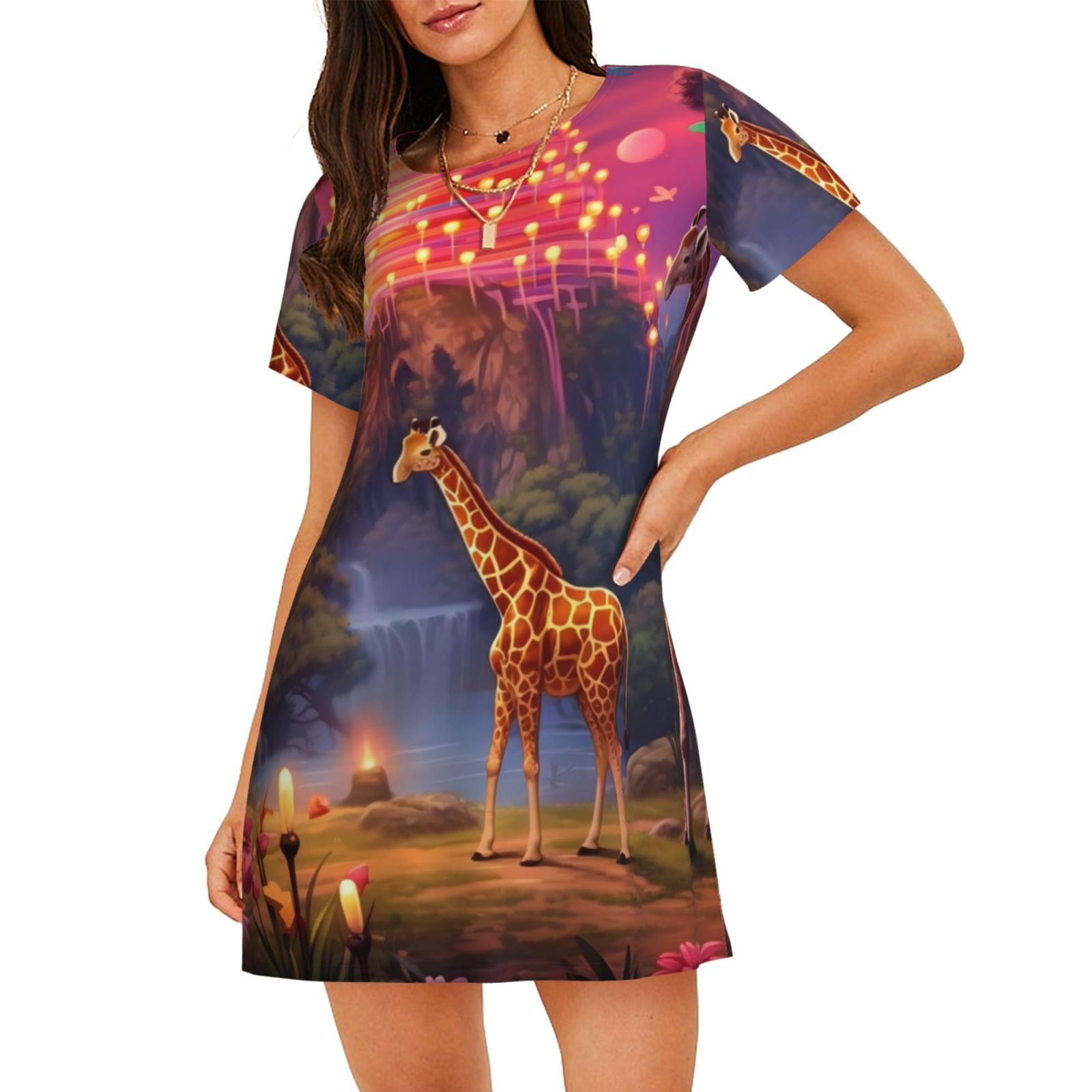 Bixox Lantern Giraffes Magical Forest Pattern Women's Nightgown, Soft ...