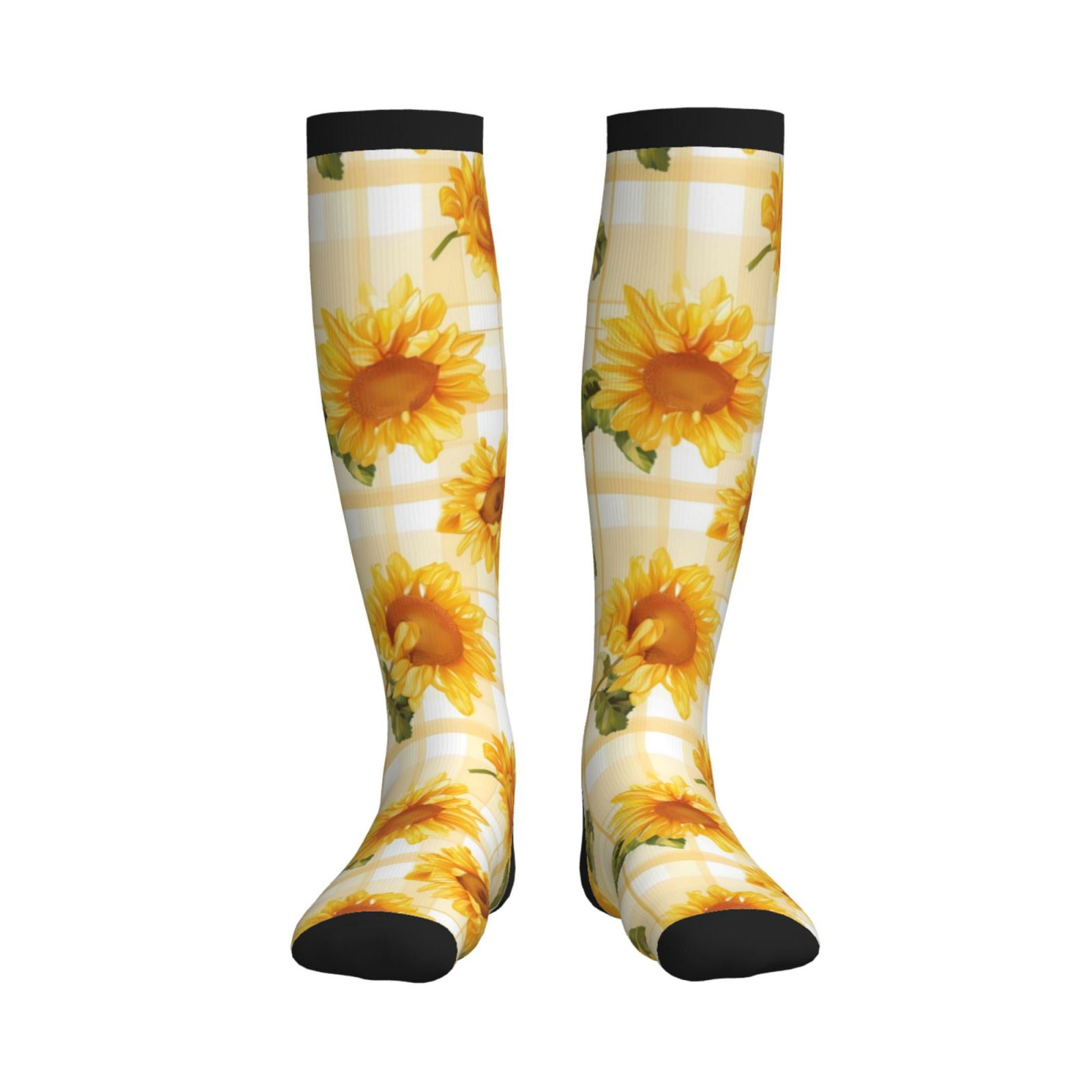 Bixox Light Yellow Plaid Sunflower Print Compression Socks,Compression ...