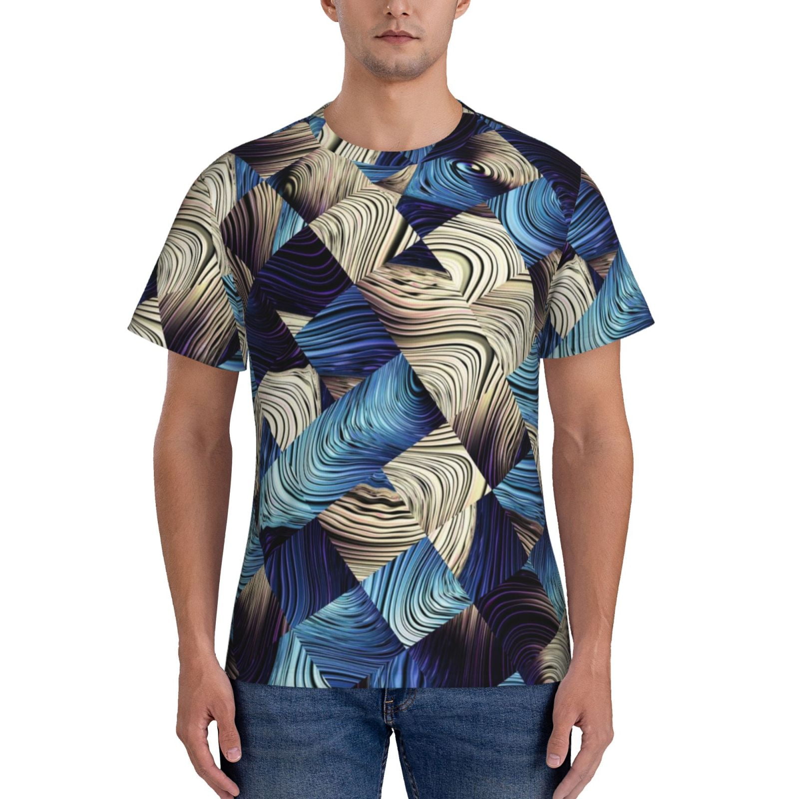 Bixox Men's Abstract Blue Squares Printed Short Sleeve Skinny Athletic ...