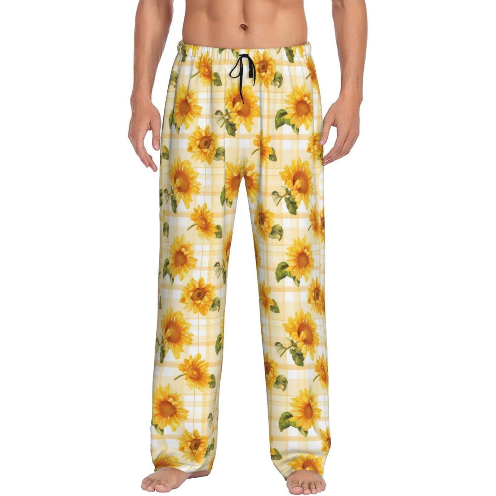 Bixox Men's Light Yellow Plaid Sunflower Patterned Pajama Pants with ...
