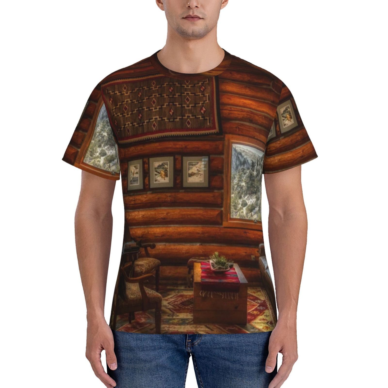 Bixox Men's Log Cabin Inside Printed Short Sleeve Skinny Athletic T ...