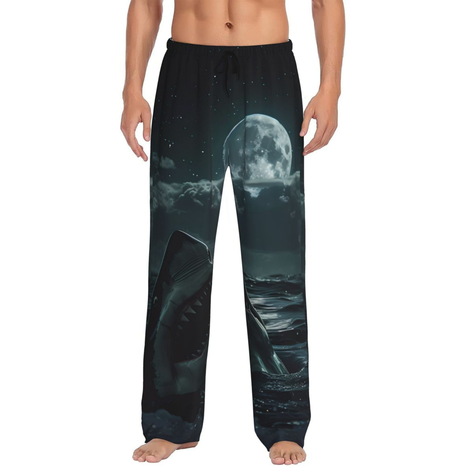 Bixox Men's Moonlit Night Sky Shark Patterned Pajama Pants with Pockets ...