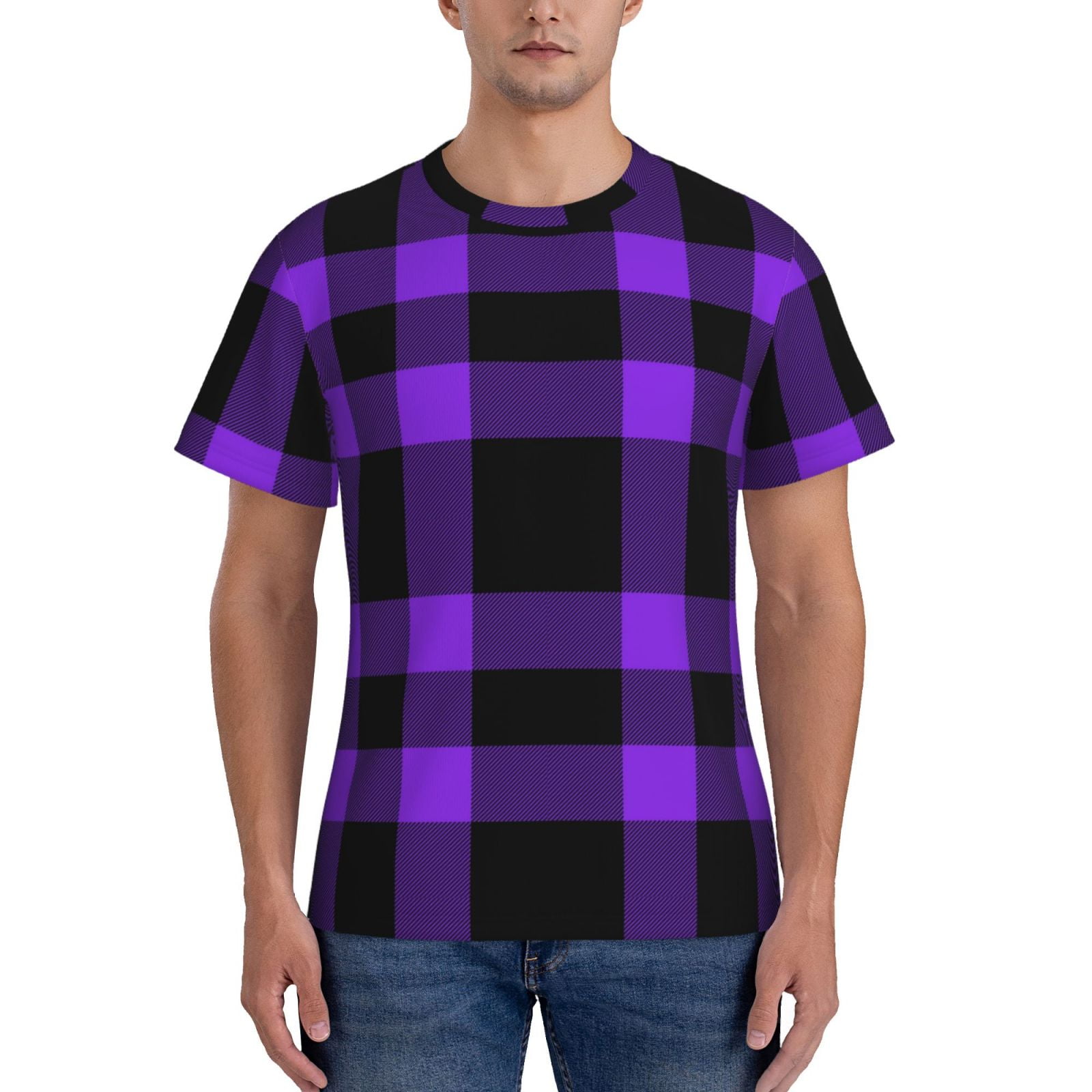 Bixox Men's Purple Buffalo Plaid Printed Short Sleeve Skinny Athletic T ...