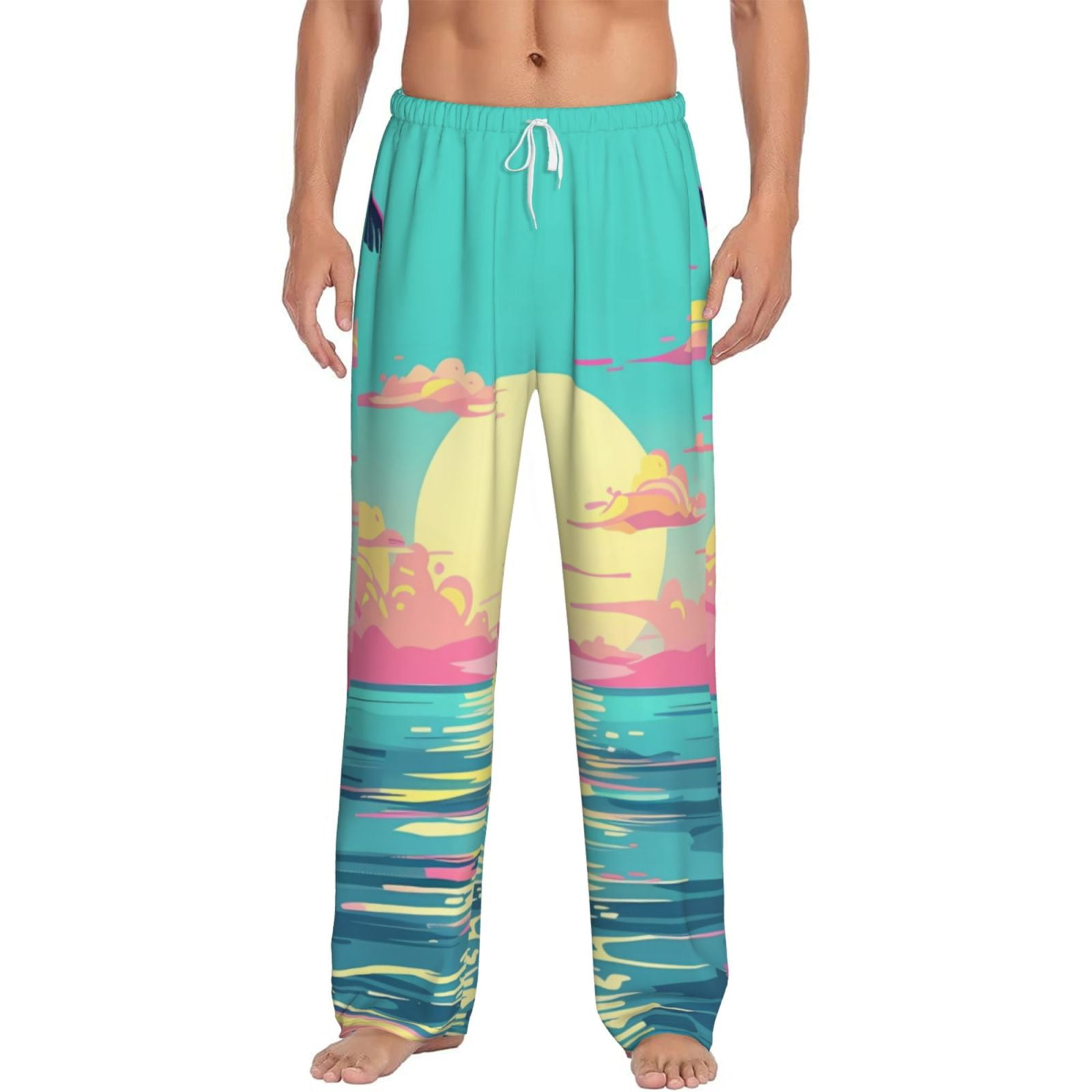 Bixox Men's Retro Palm Beach Sunset Patterned Pajama Pants with Pockets ...