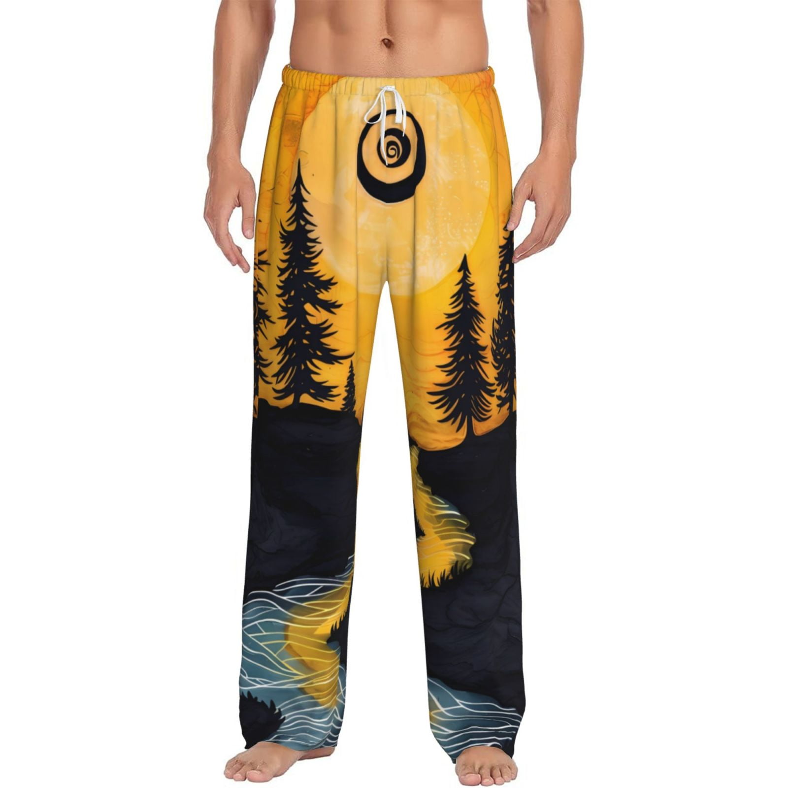 Bixox Men's Sunset River Pine Trees Patterned Pajama Pants with Pockets ...