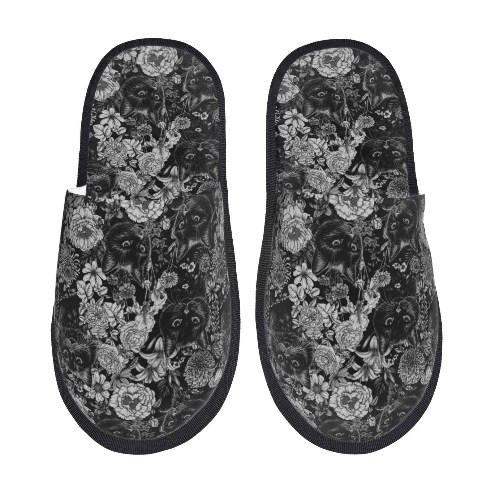 Bixox Men's Women's Black Cats In A Garden Patterned Plush House Slippers, Memory Foam Slippers ...