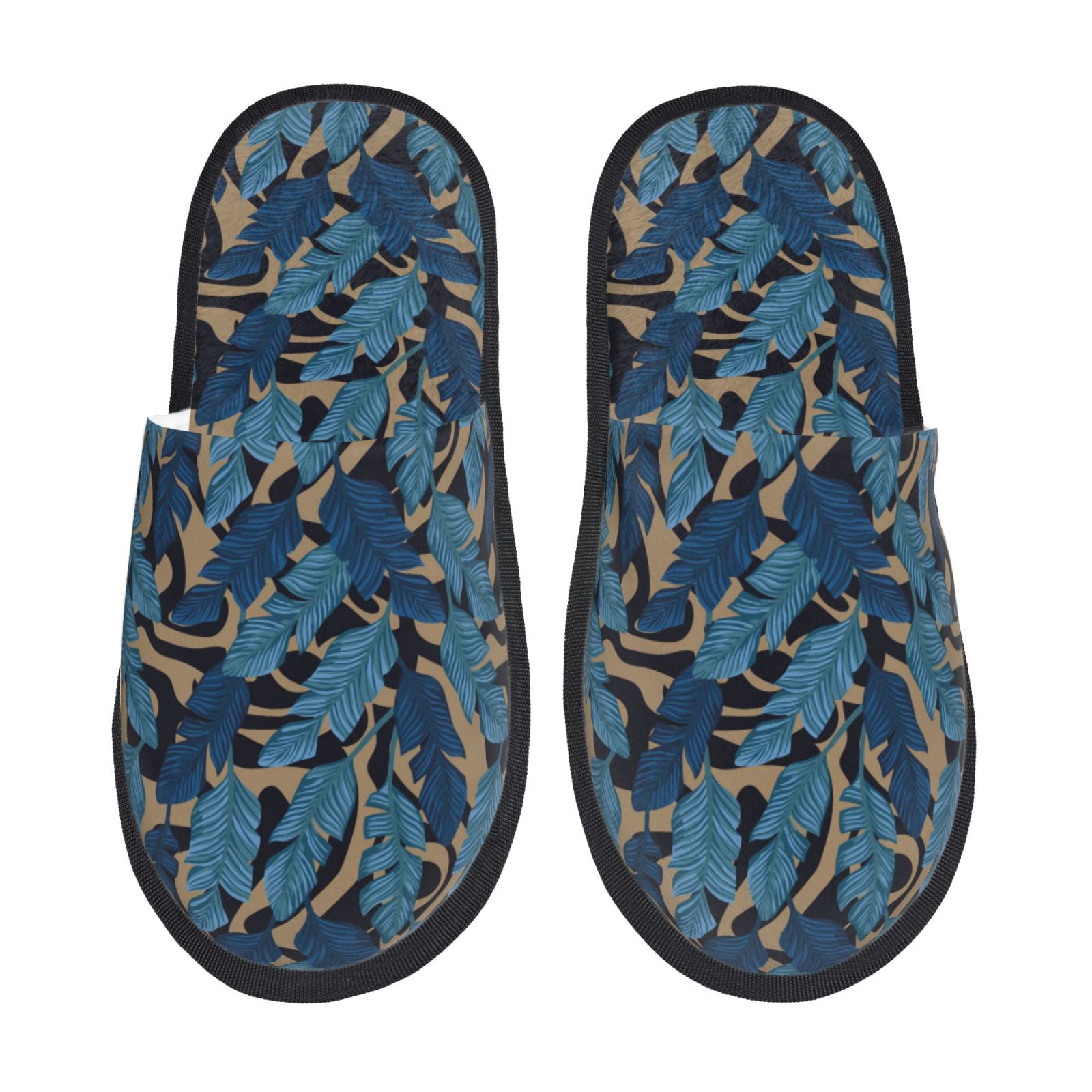 Bixox Men's Women's Blue Leaves A Patterned Plush House Slippers ...