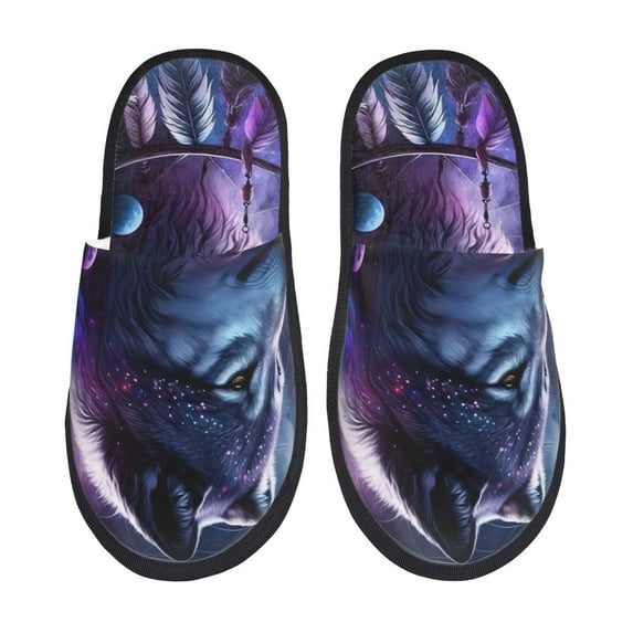 Bixox Men's Women's Feathered Wolf Patterned Plush House Slippers, Memory Foam Slippers, Indoor ...