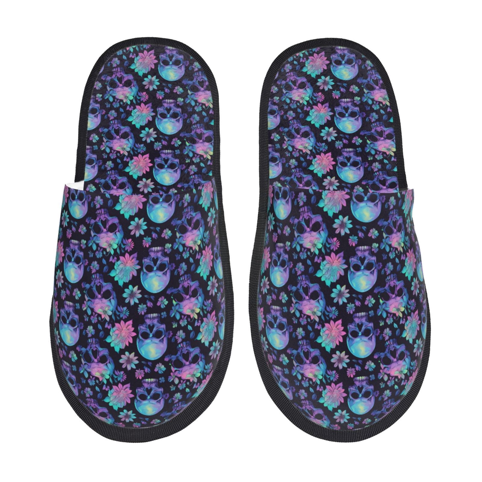 Bixox Men's Women's Flower Blue Skull Patterned Plush House Slippers ...