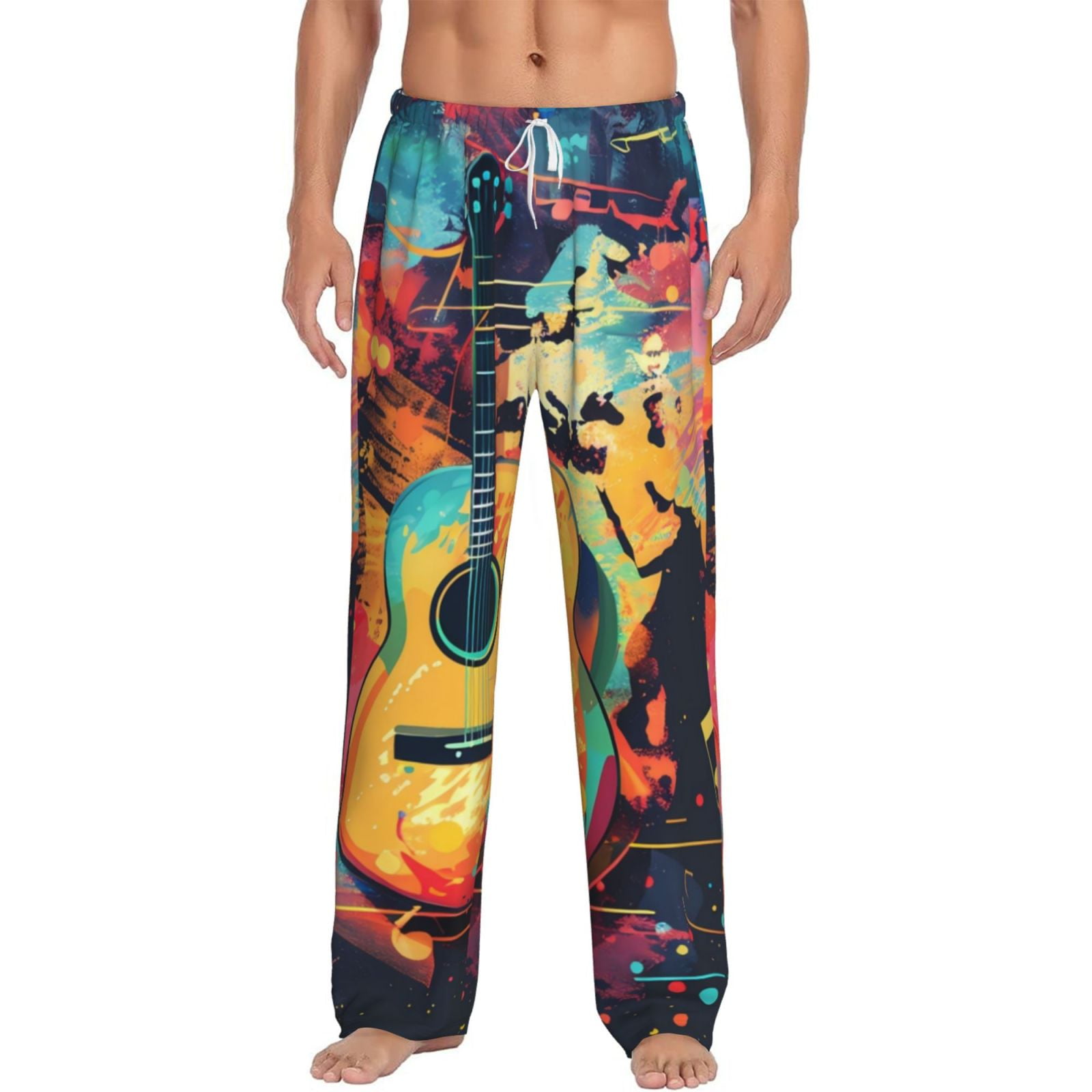 Bixox Men's World Map Guitar Illustration Patterned Pajama Pants with Pockets Lounge Clothes for ...