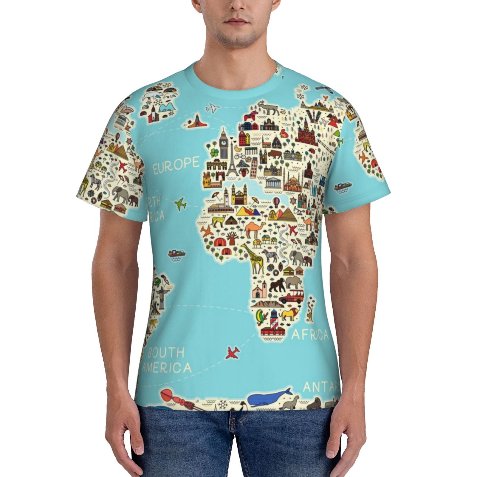 Bixox Men's World Travel Line Icons Map Printed Short Sleeve Skinny ...