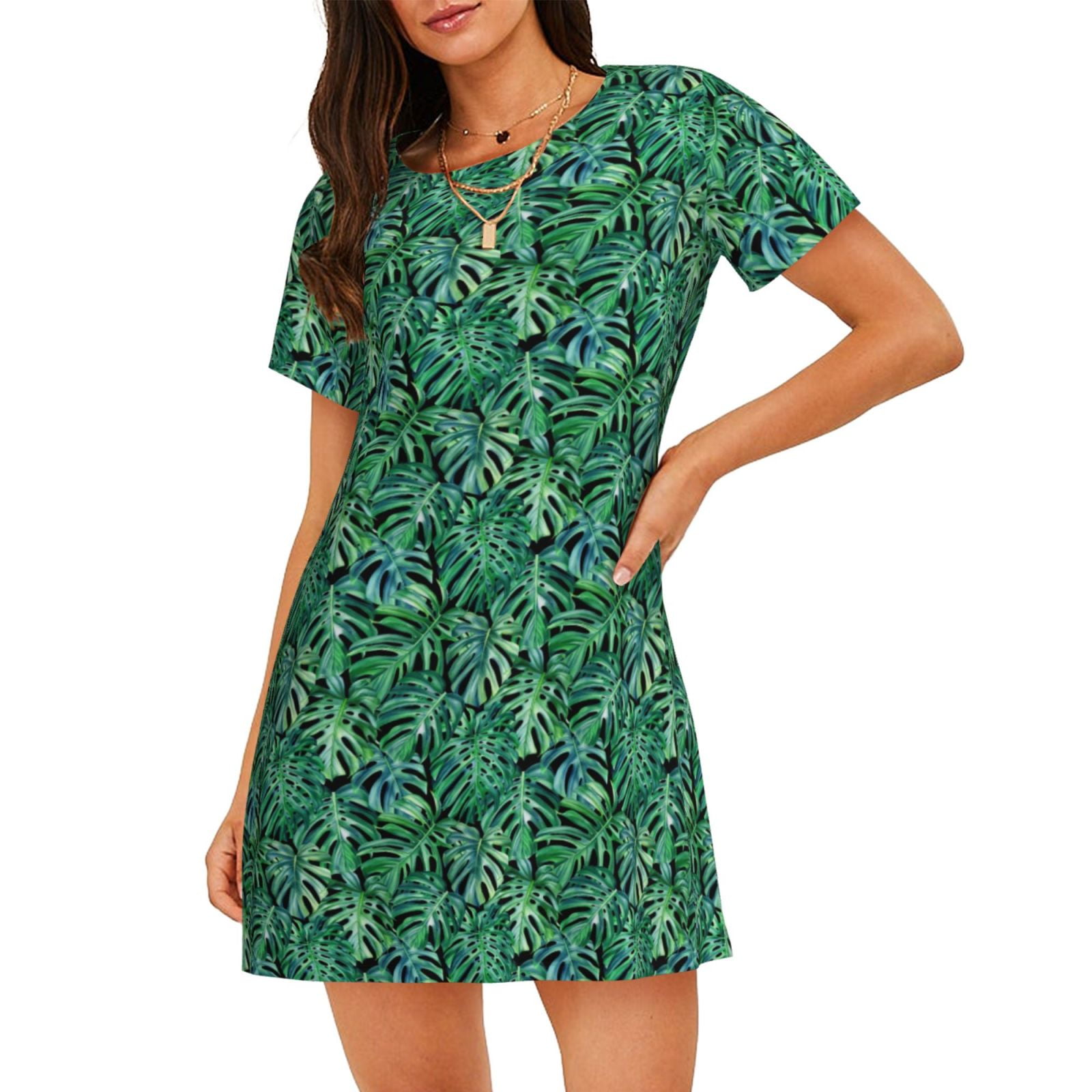 Bixox Monstera Leaves Pattern Women's Nightgown, Soft & Breathable Sleepwear, Round Neck Knee ...