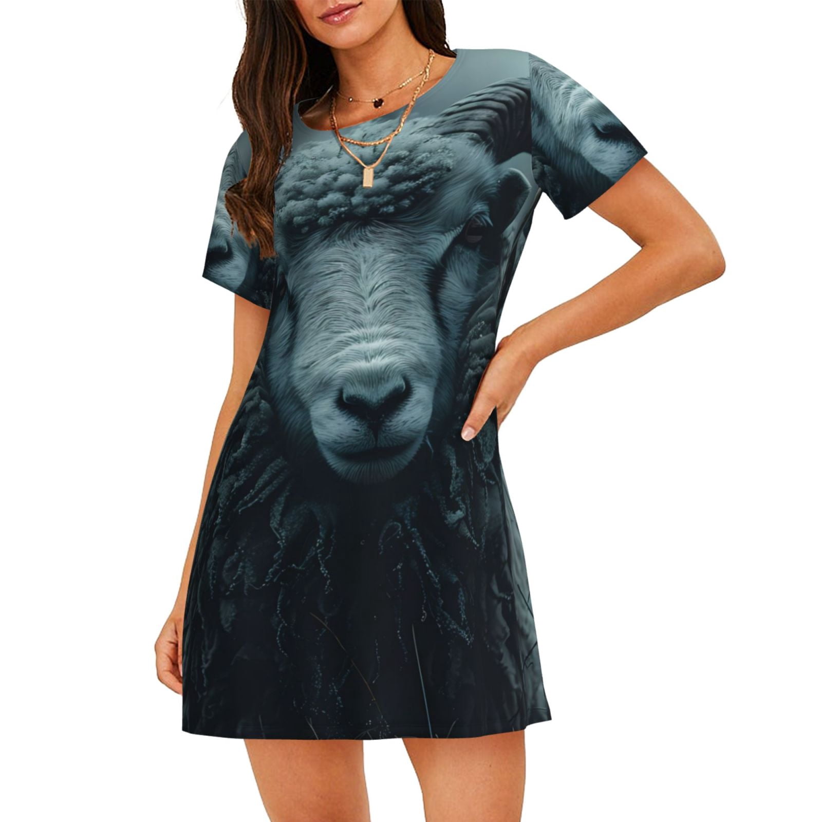 Bixox Moody Ram Portrait Pattern Women's Nightgown, Soft & Breathable ...