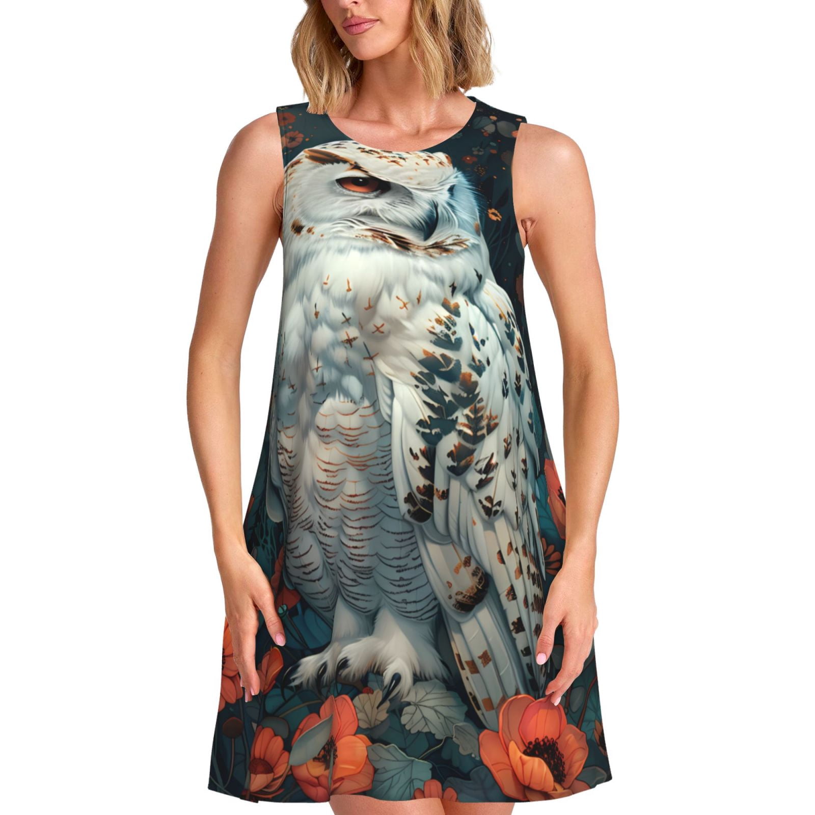 Bixox Moon Flower White Owl Print Women's Sleeveless A-Line Dress with ...