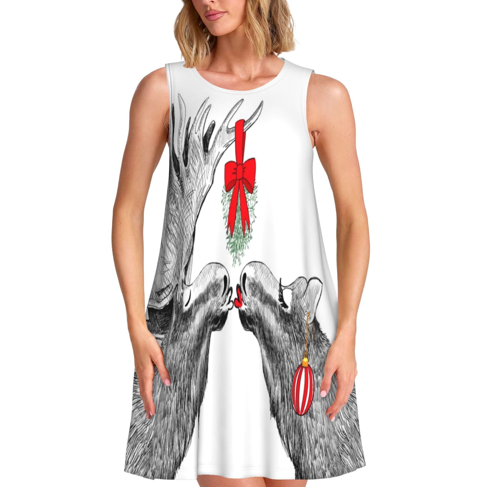 Bixox Moose Kissing Under Mistletoe Print Women's Sleeveless A-Line ...