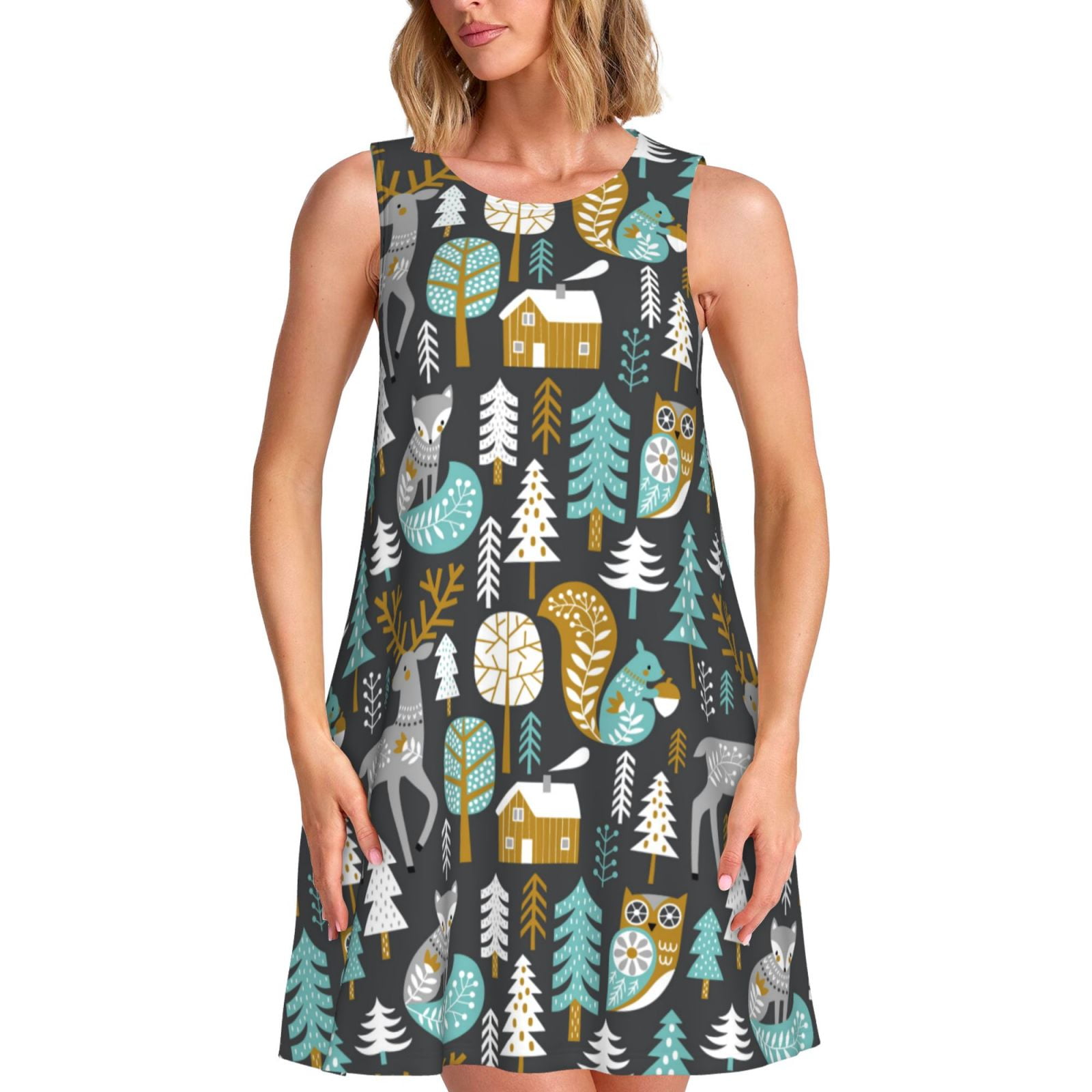 Bixox Moose Squirrel owls tree Print Women's Sleeveless A-Line Dress ...