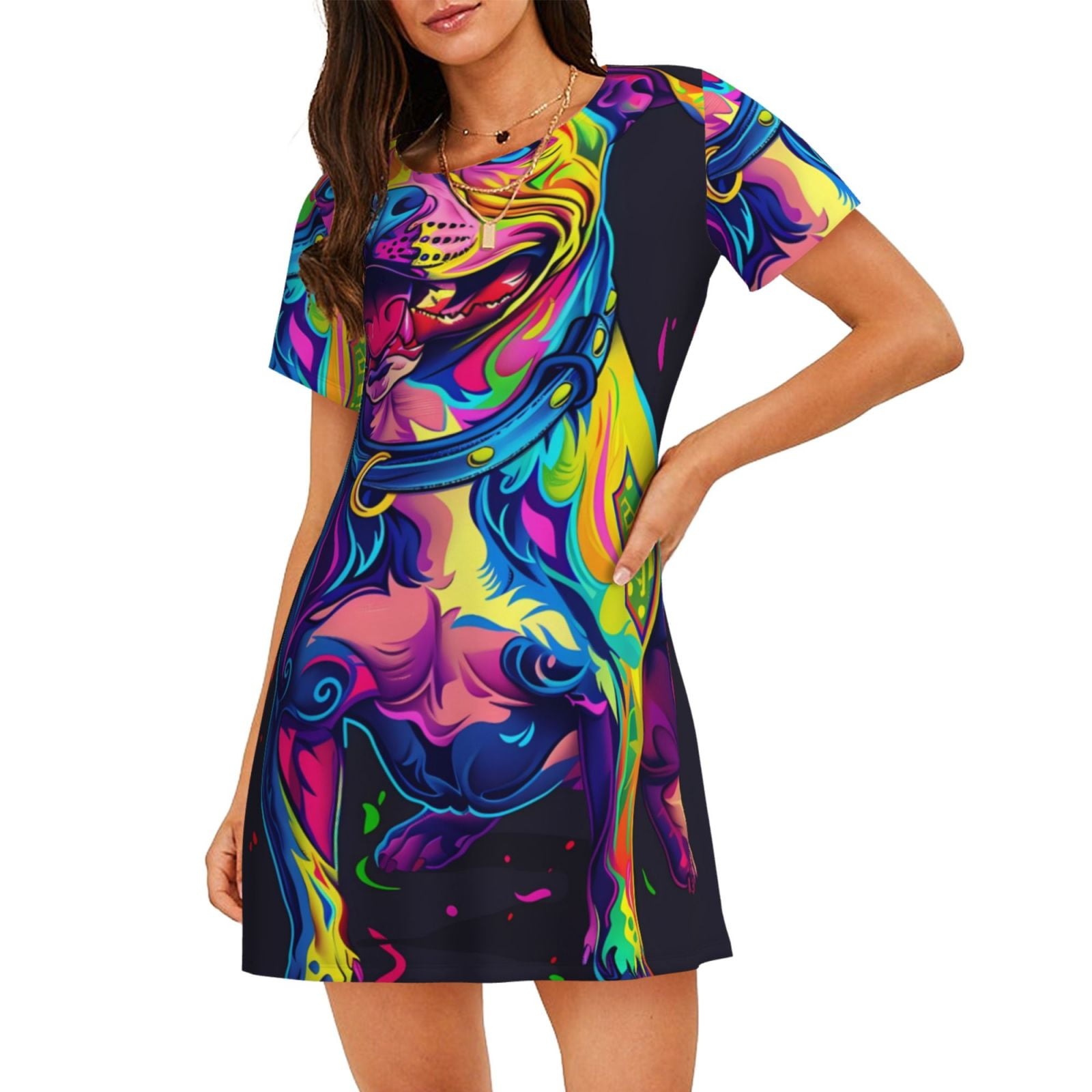 Bixox Neon Pop Art Pitbull Pattern Women's Nightgown, Soft & Breathable ...