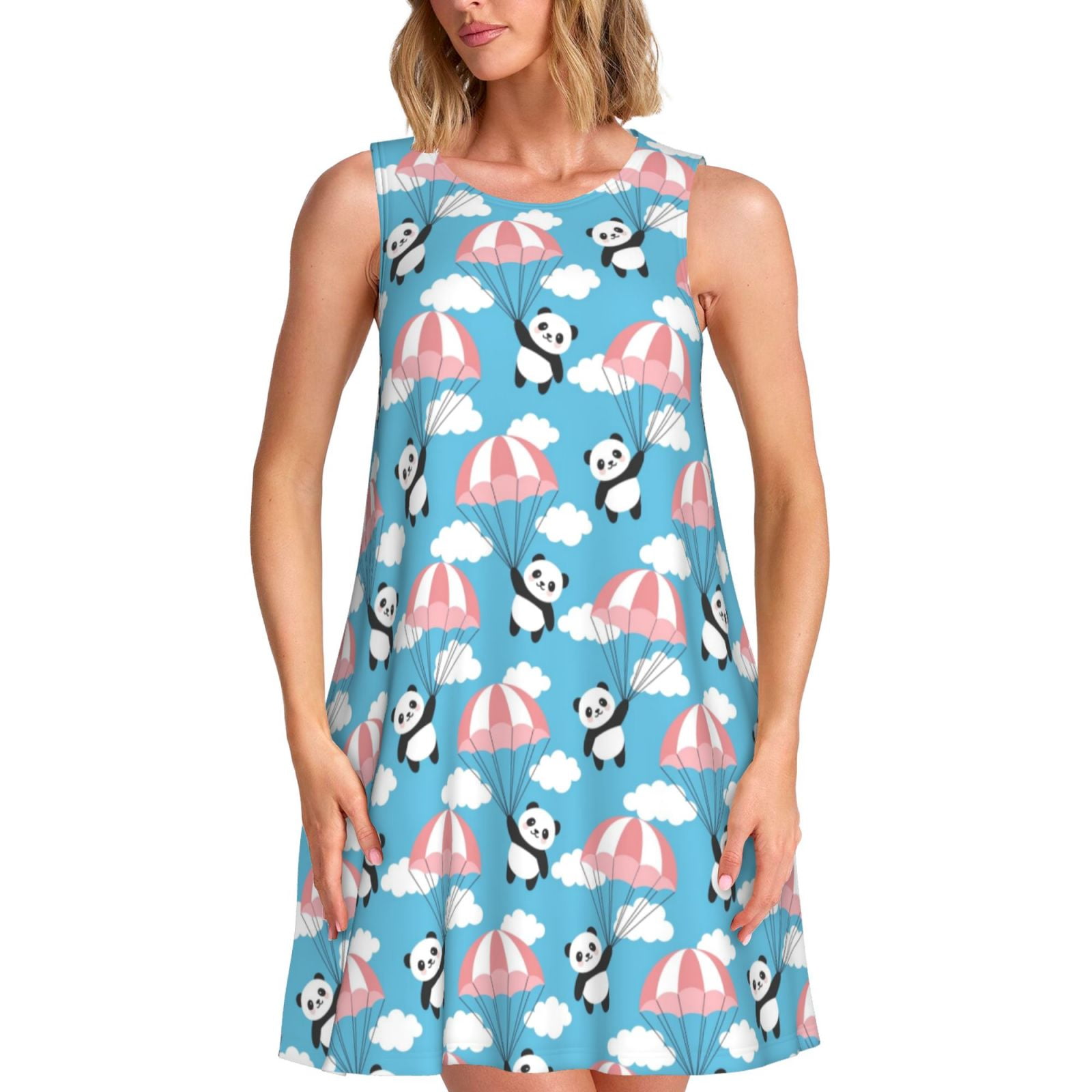Bixox Panda Flying in the Sky Print Women's Sleeveless A-Line Dress ...