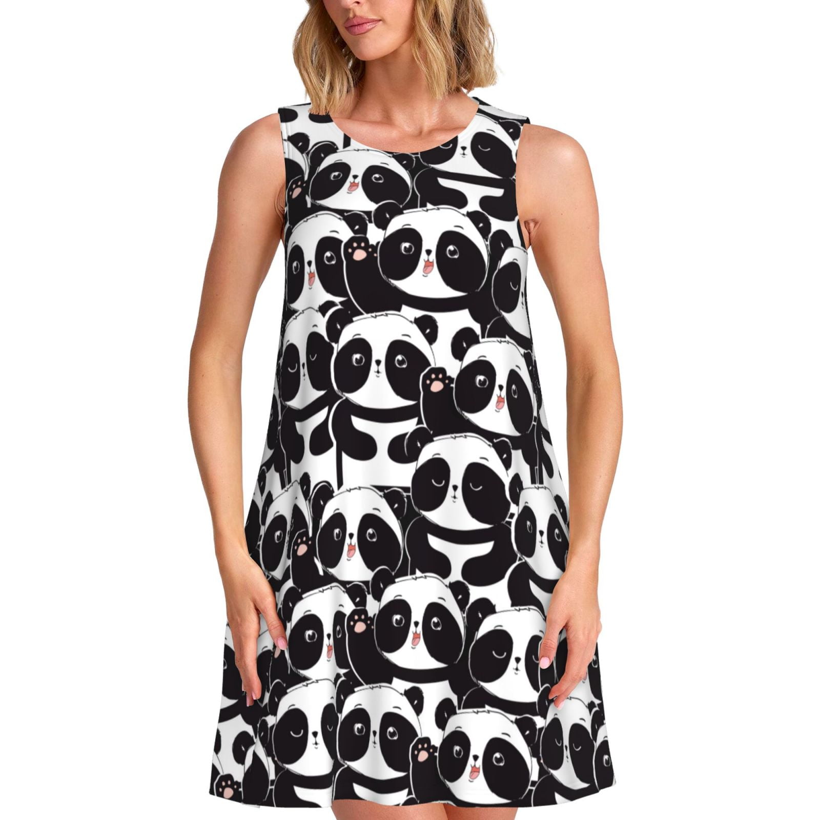 Bixox Panda Print Women's Sleeveless A-Line Dress with Pockets, Casual ...