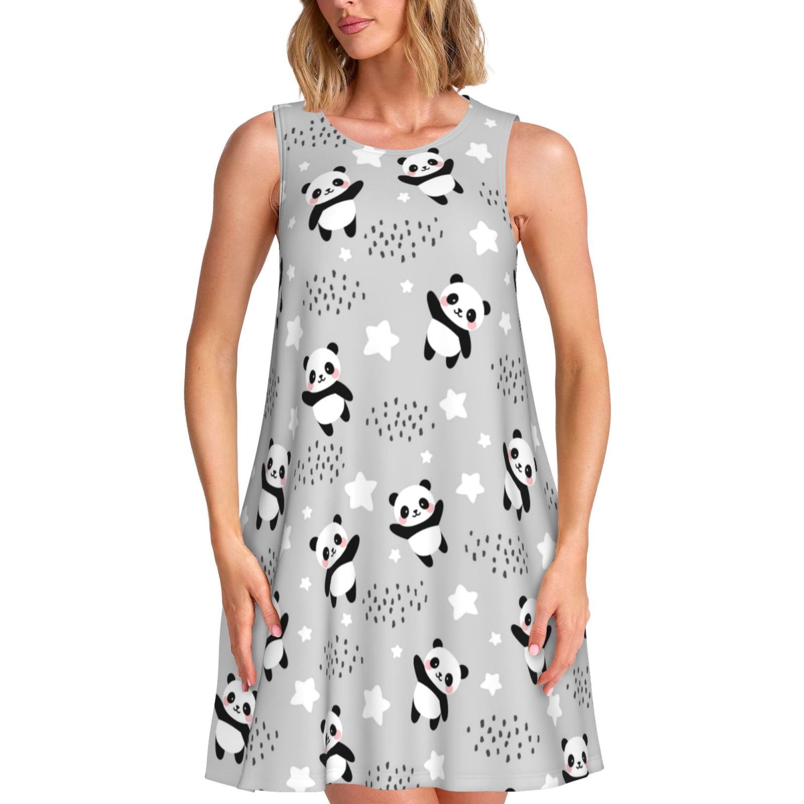 Bixox Pandas Between Clouds and Stars Print Women's Sleeveless A-Line ...