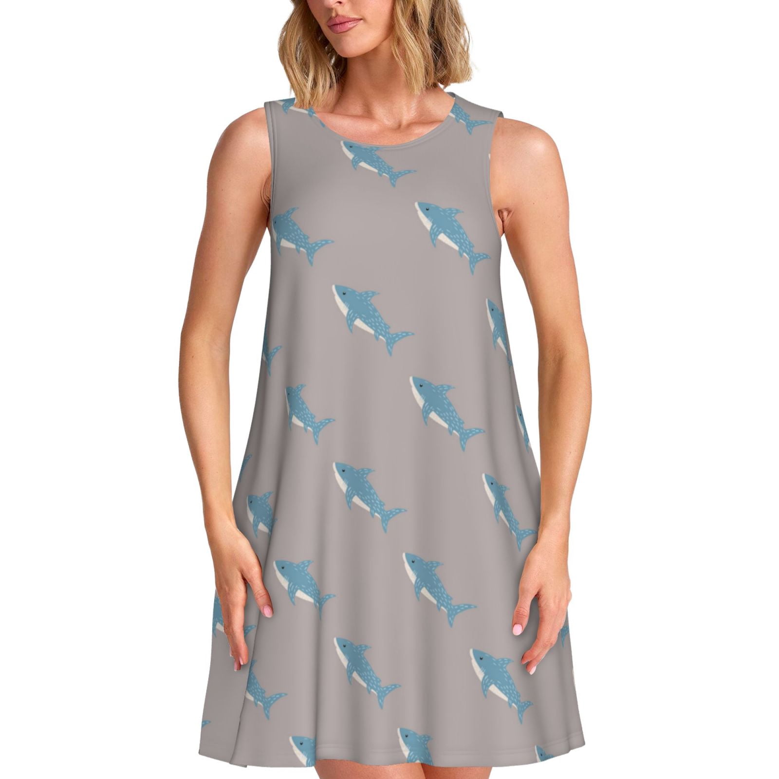 Bixox Party Shark Cute Print Women's Sleeveless A-Line Dress with ...