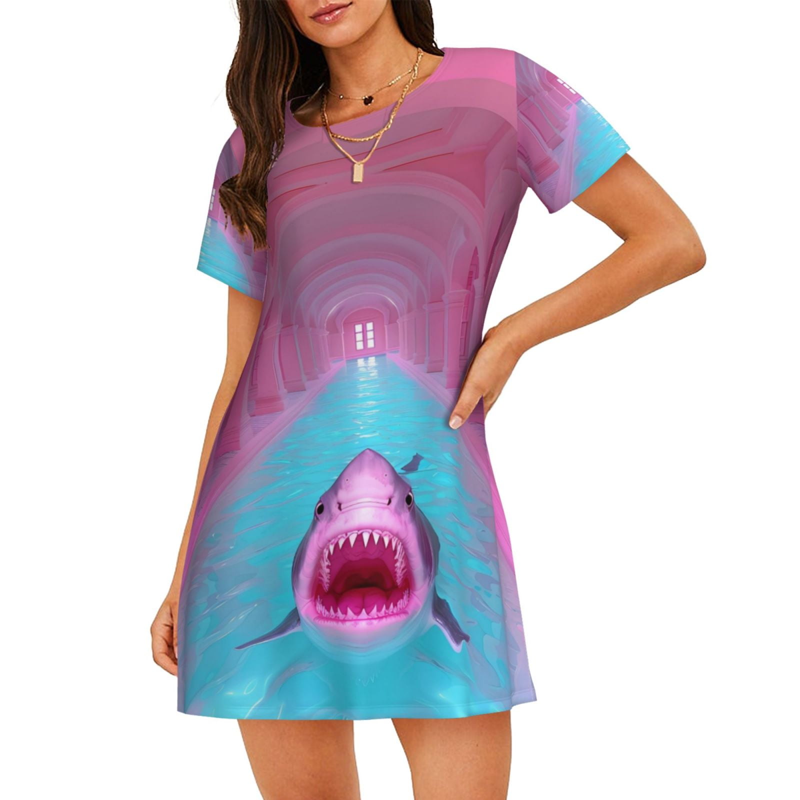 Bixox Pink Shark Pool Fantasy Pattern Women's Nightgown, Soft ...