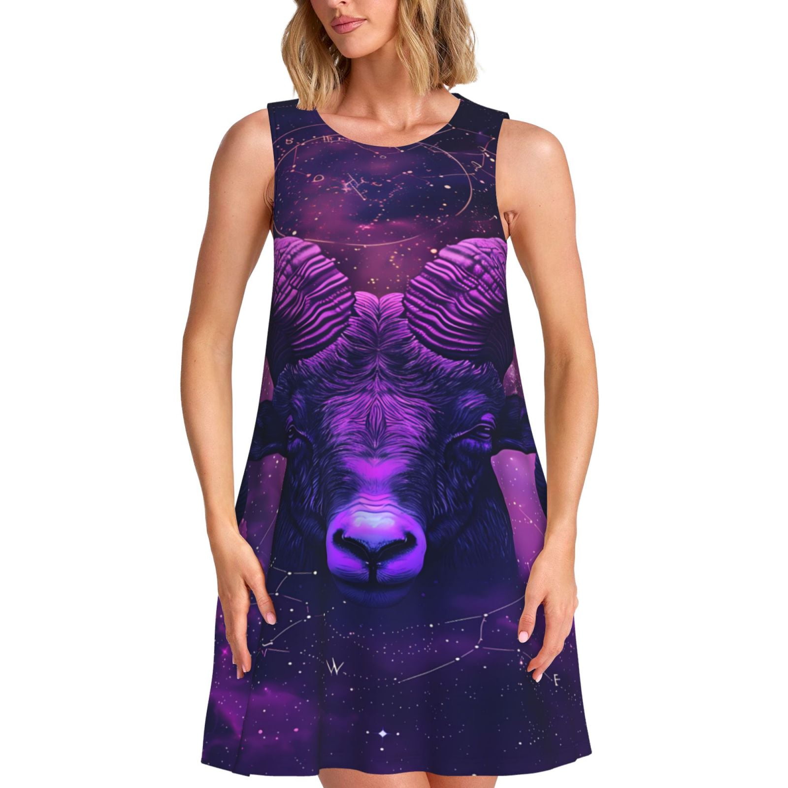 Bixox Purple Starry Sky Antelope Print Women's Sleeveless A-Line Dress ...