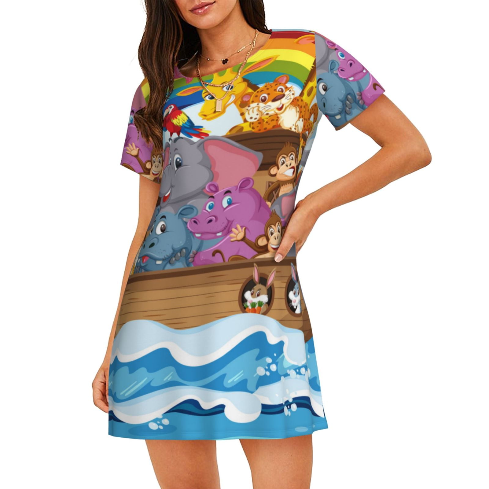 Bixox Rainbow Animals on Noah's Ark Pattern Women's Nightgown, Soft & Breathable Sleepwear ...