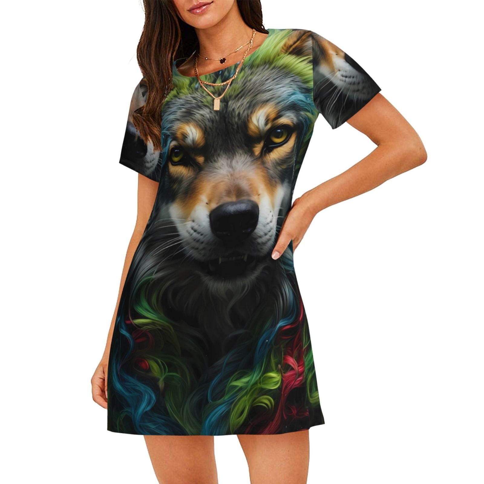 Bixox Realistic Style Colorful Wolf Pattern Women's Nightgown, Soft ...