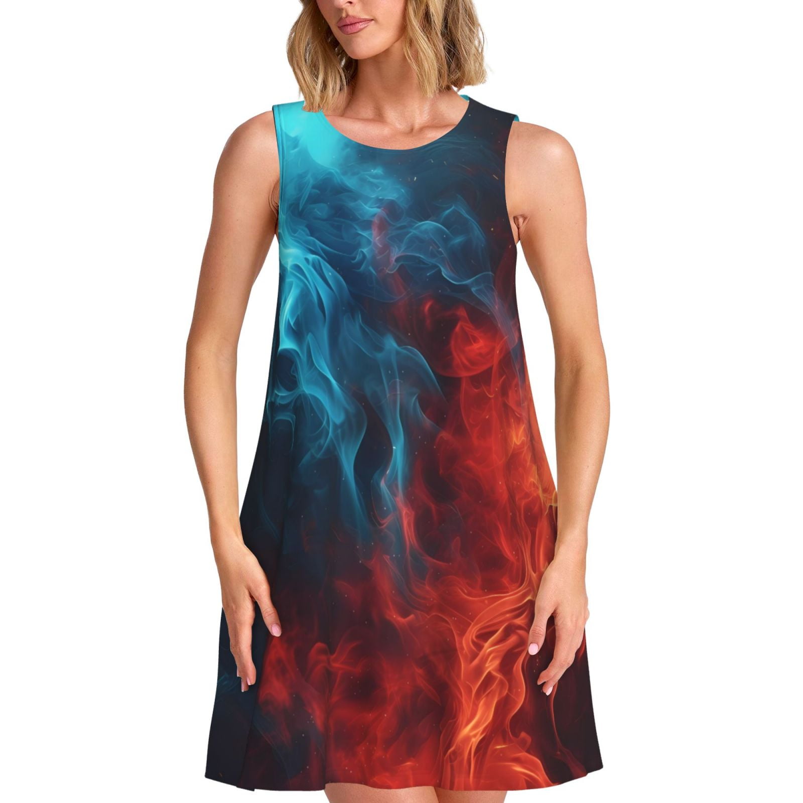 Bixox Red And Blue Fire Print Women's Sleeveless A-Line Dress with ...