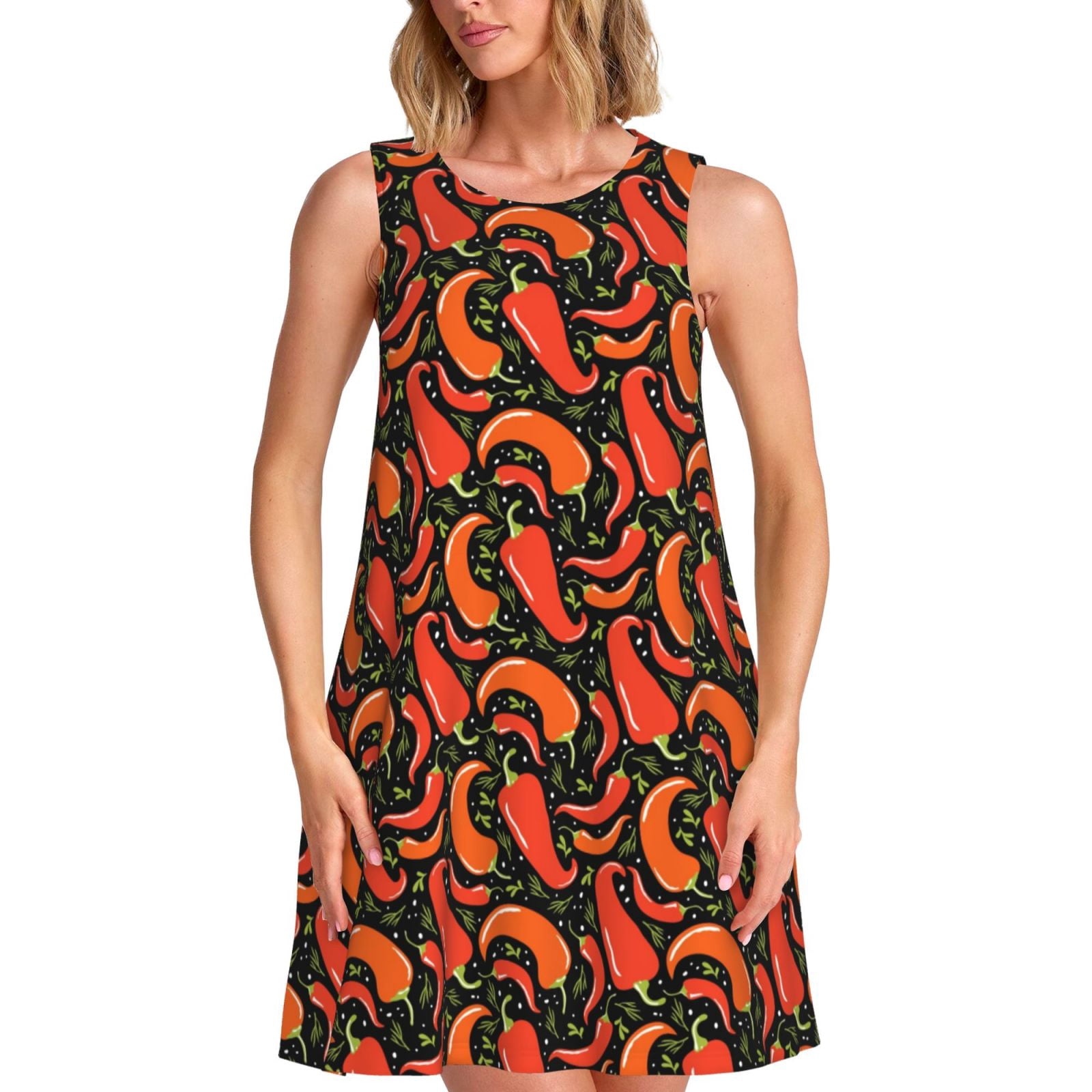 Bixox Red Hot Chili Print Women's Sleeveless A-Line Dress with Pockets ...