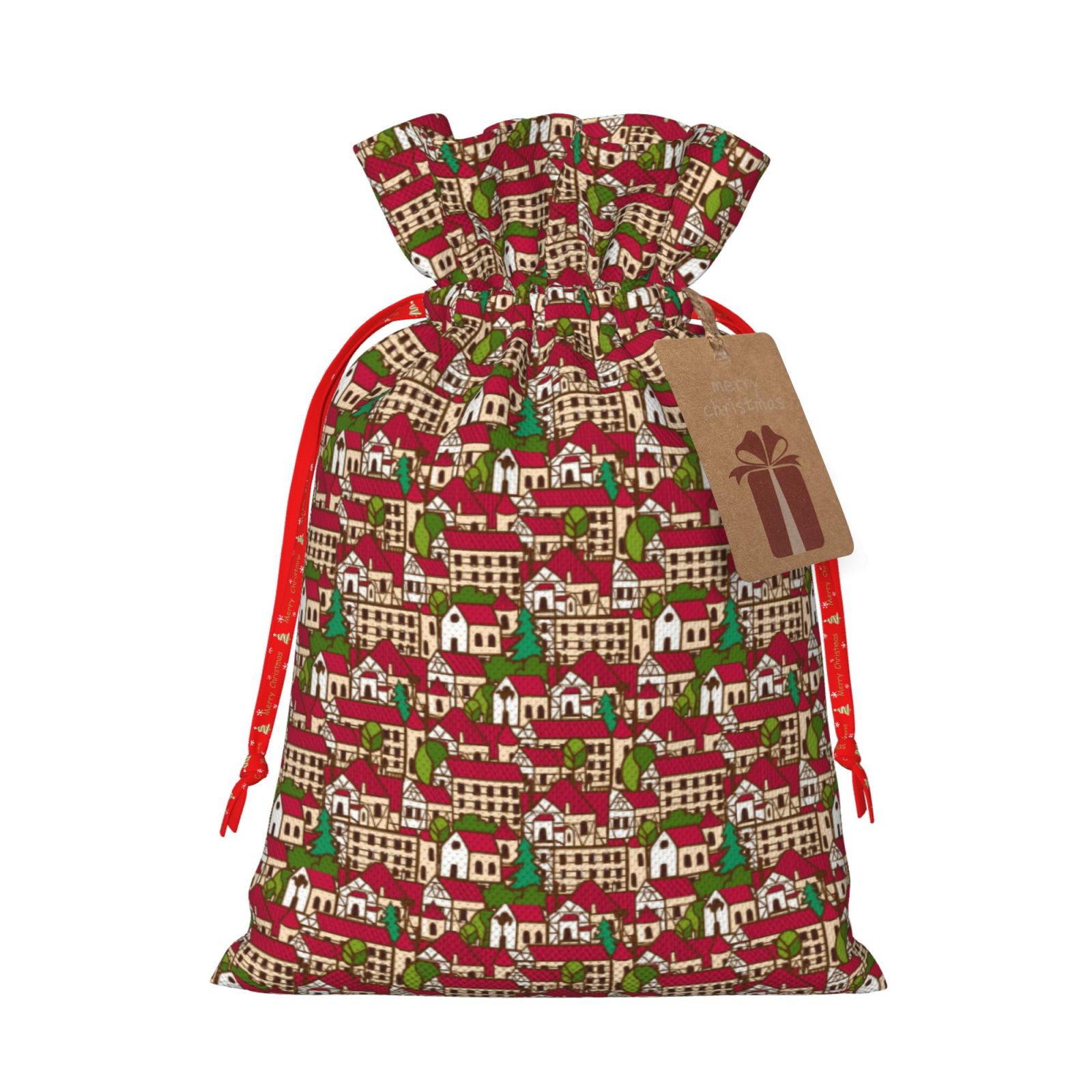 Bixox Red Houses Print Christmas Burlap Gift Bags with Drawstring ...