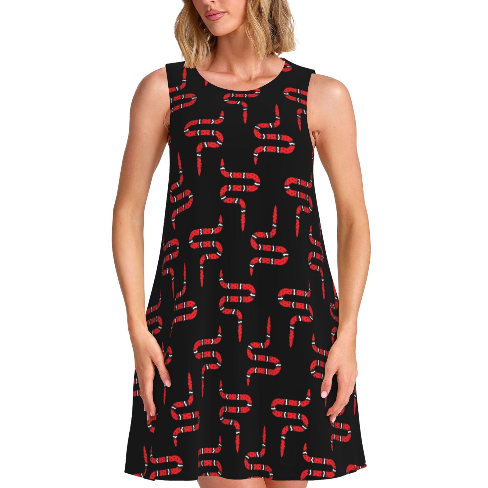 Bixox Red Snake Print Women's Sleeveless A-Line Dress with Pockets ...
