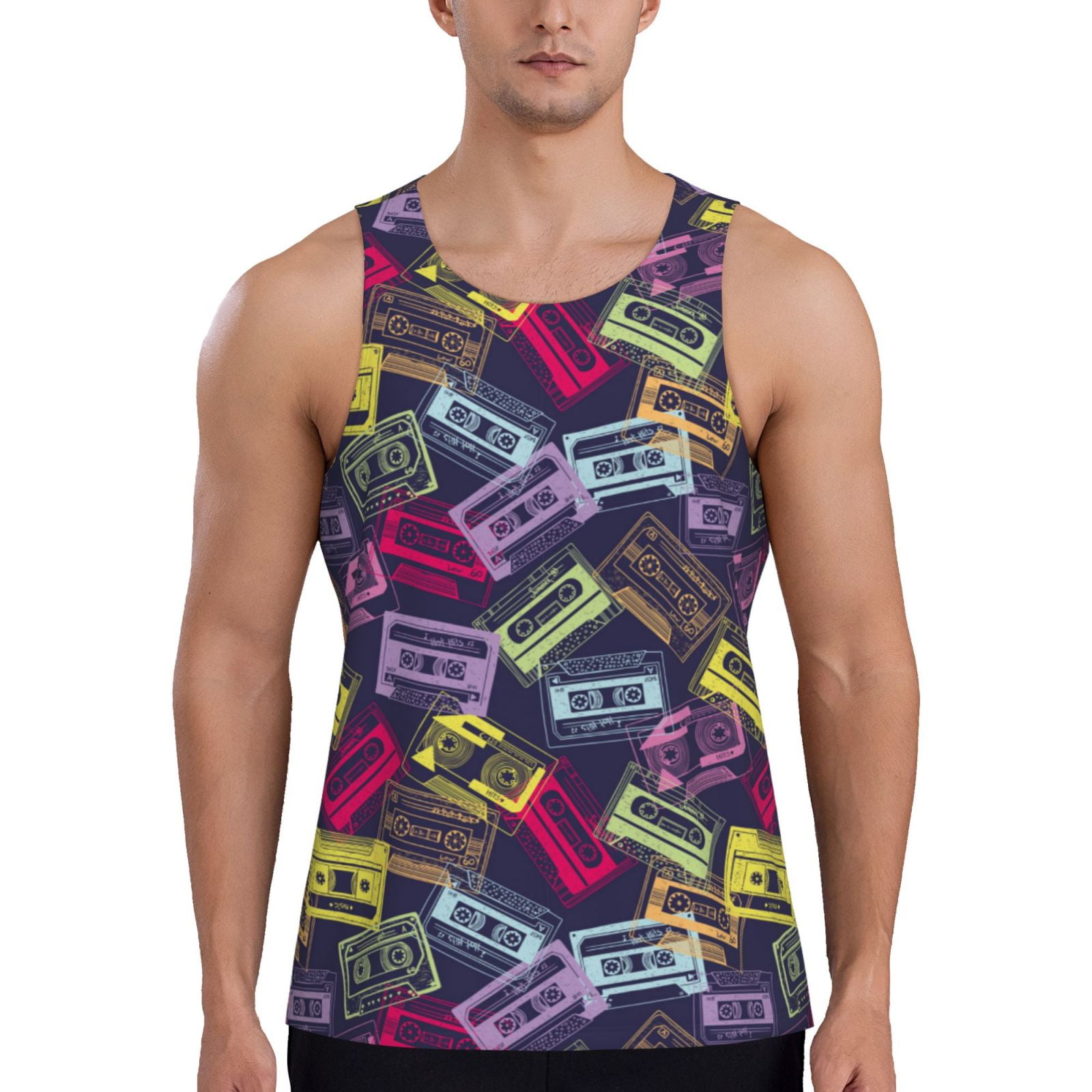 Bixox Retro Cassette Music Pattern Men's Gym Tank Tops Workout ...