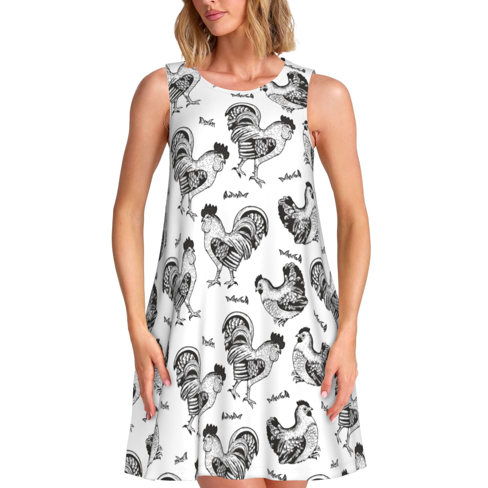 Bixox Retro Rooster Print Women's Sleeveless A-Line Dress with Pockets ...