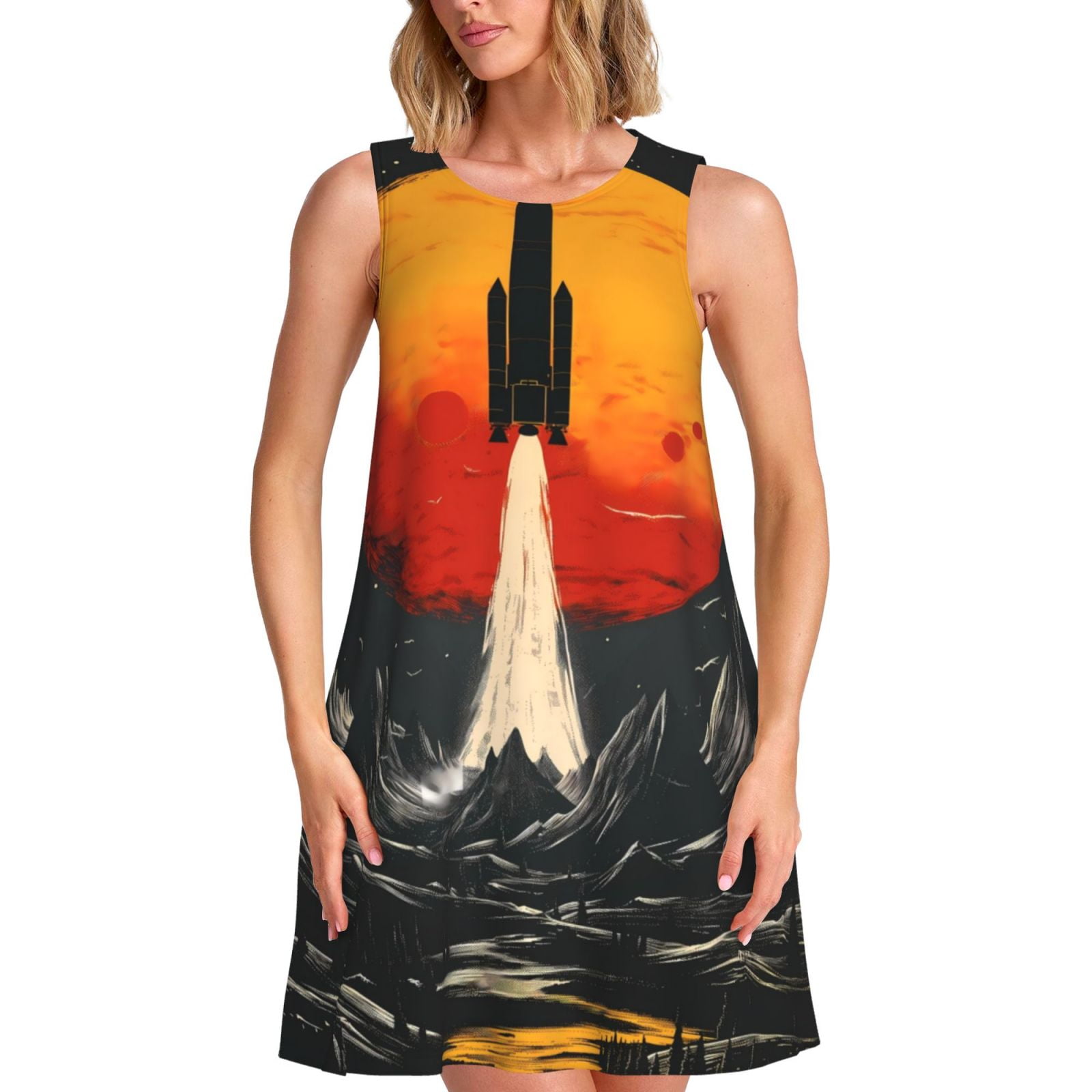 Bixox Retro Space Rocket Launch Print Women's Sleeveless A-Line Dress with Pockets, Casual Knee ...