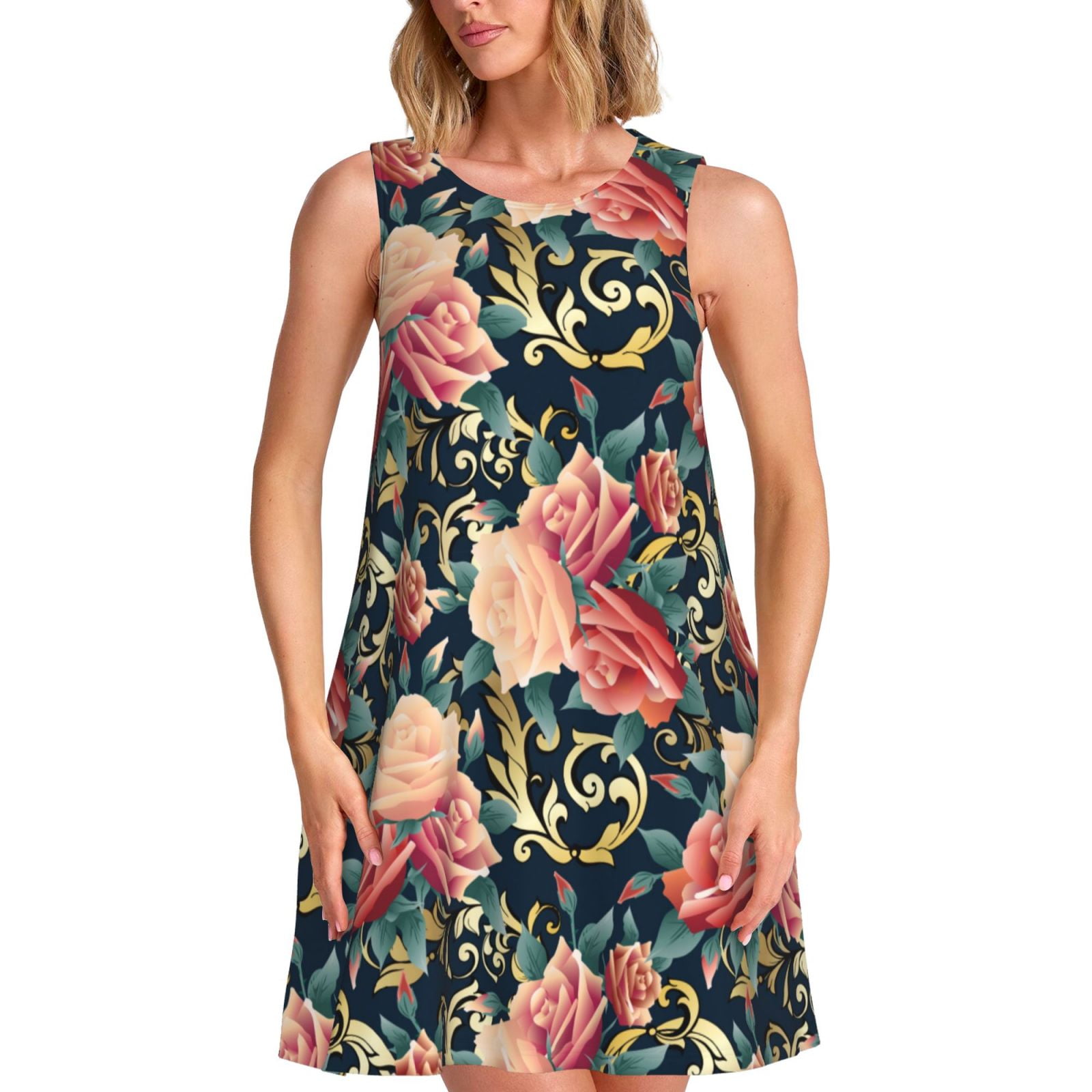 Bixox Rose Flowers Print Women's Sleeveless A-Line Dress with Pockets ...
