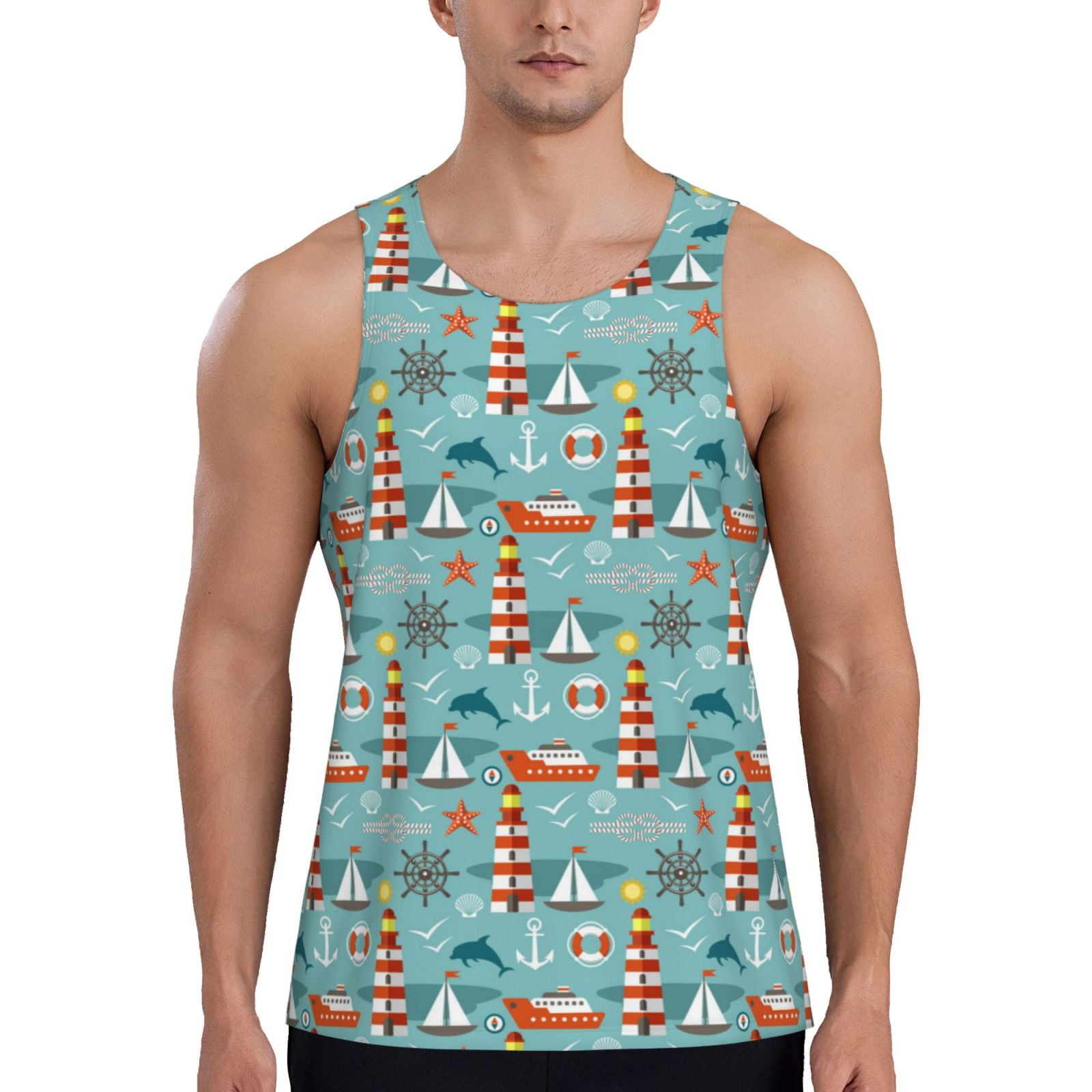 Bixox Sea Lighthouse Pattern Men's Gym Tank Tops Workout Sleeveless T ...