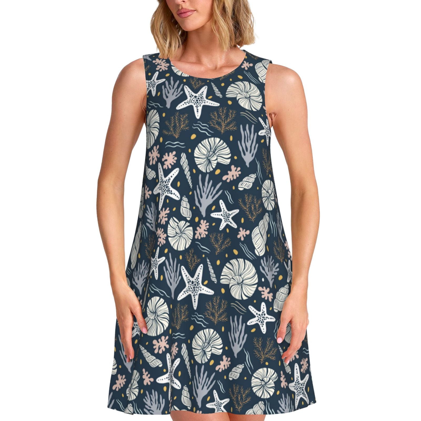 Bixox Sea Shells 1 Print Women's Sleeveless A-Line Dress with Pockets ...