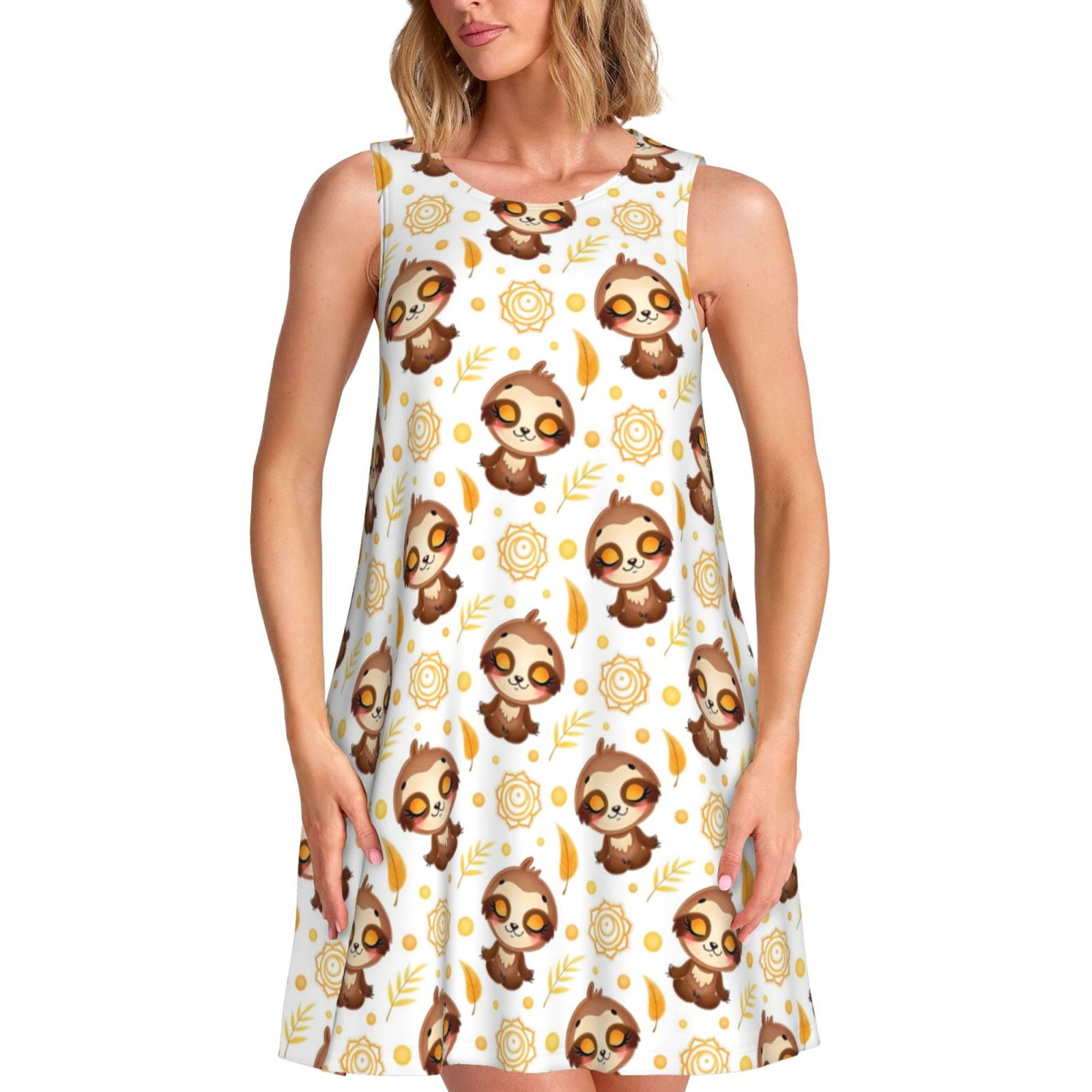 Bixox Sloth Yoga Print Women's Sleeveless A-Line Dress with Pockets ...